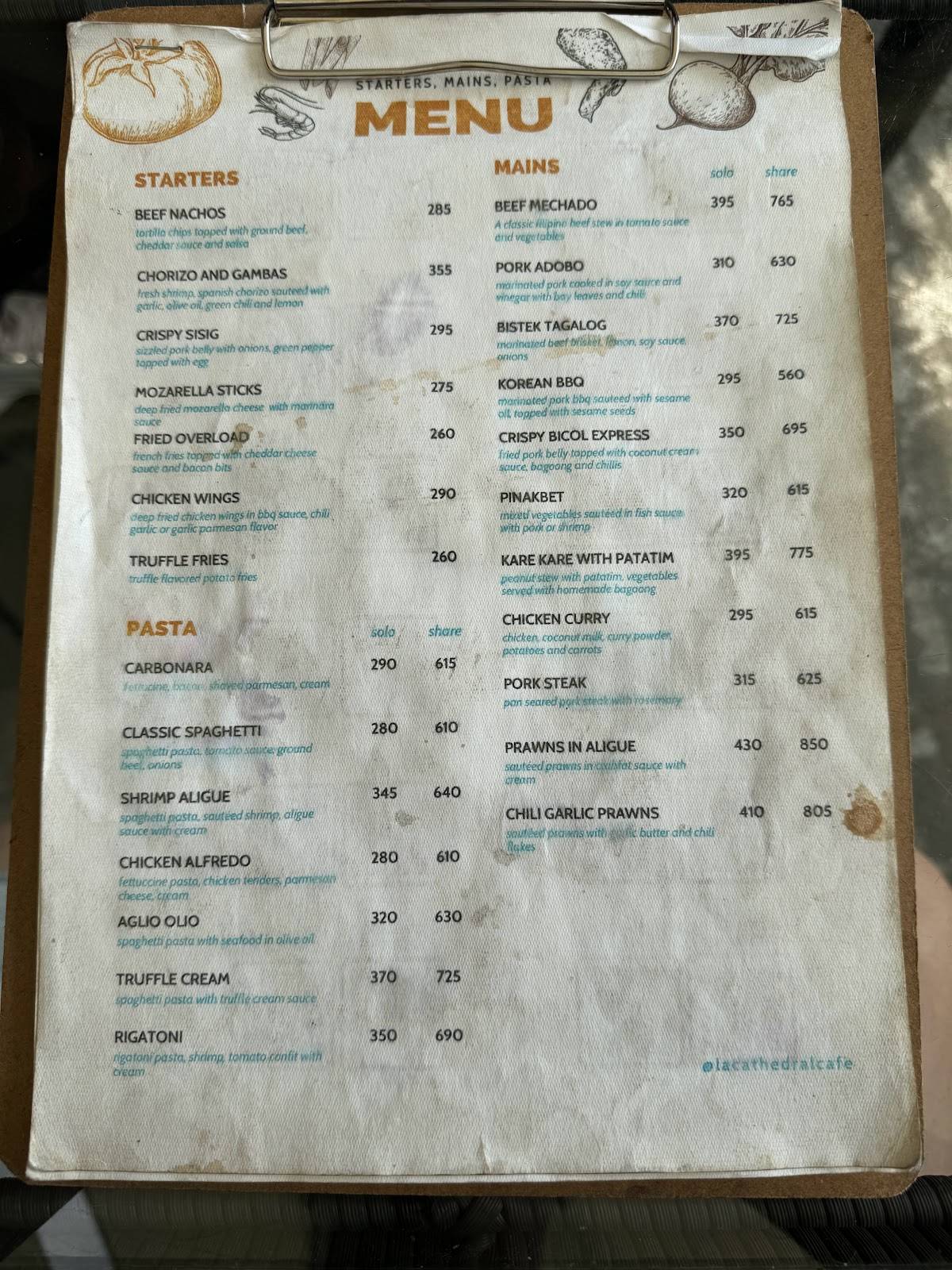 Menu at La Cathedral Cafe, Manila