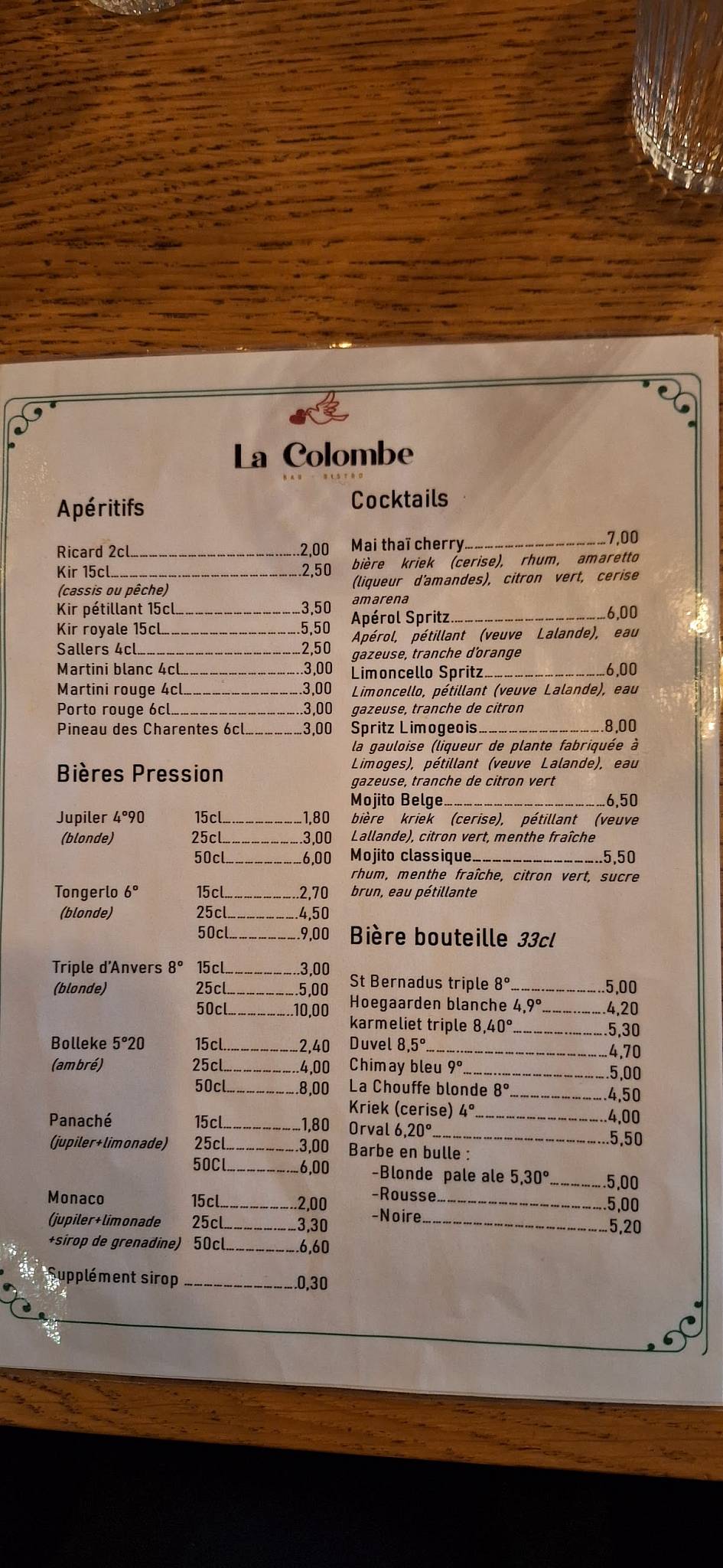 Menu au La Colombe restaurant, Gentioux-Pigerolles