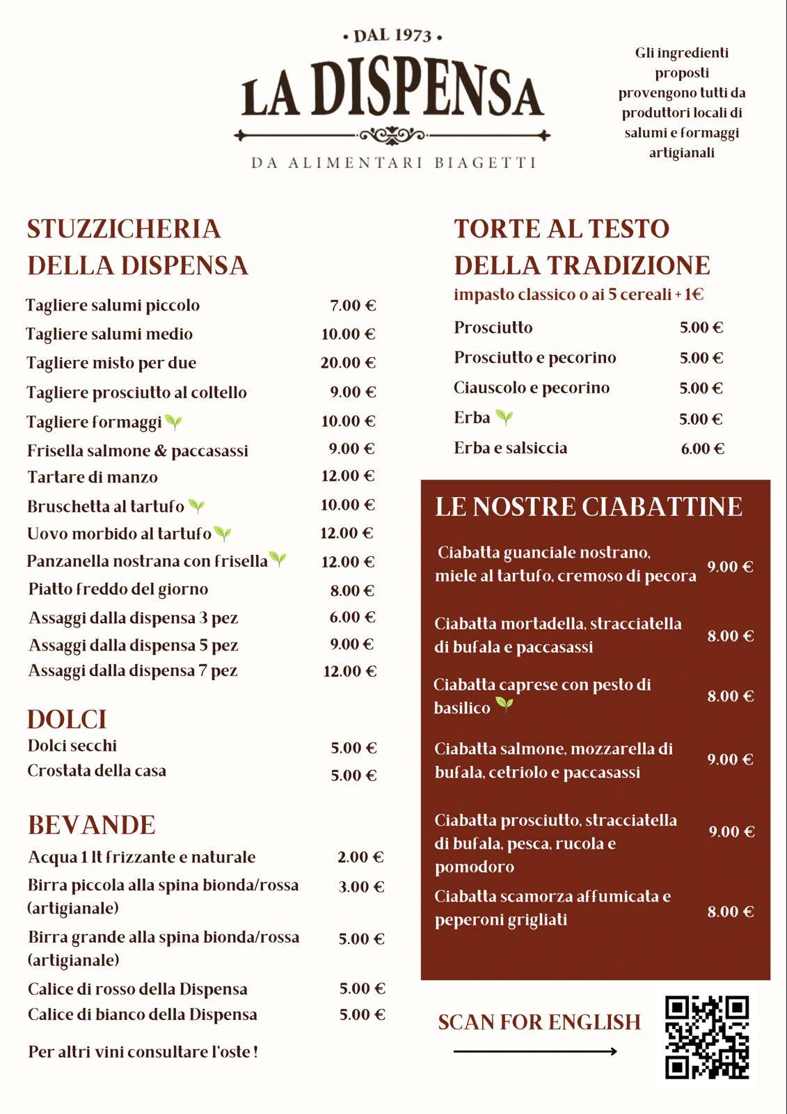 Speisekarte von La Dispensa Biagetti restaurant, Bevagna