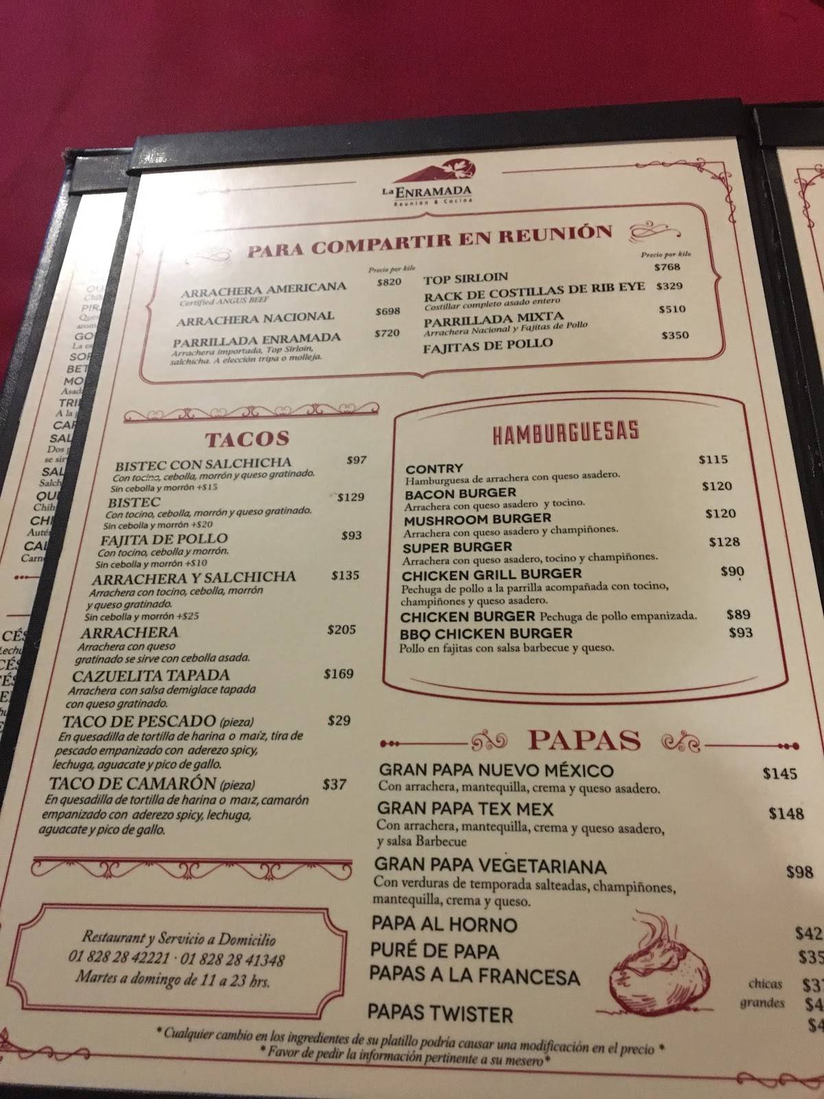 Carta del restaurante La Enramada, Cadereyta Jiménez
