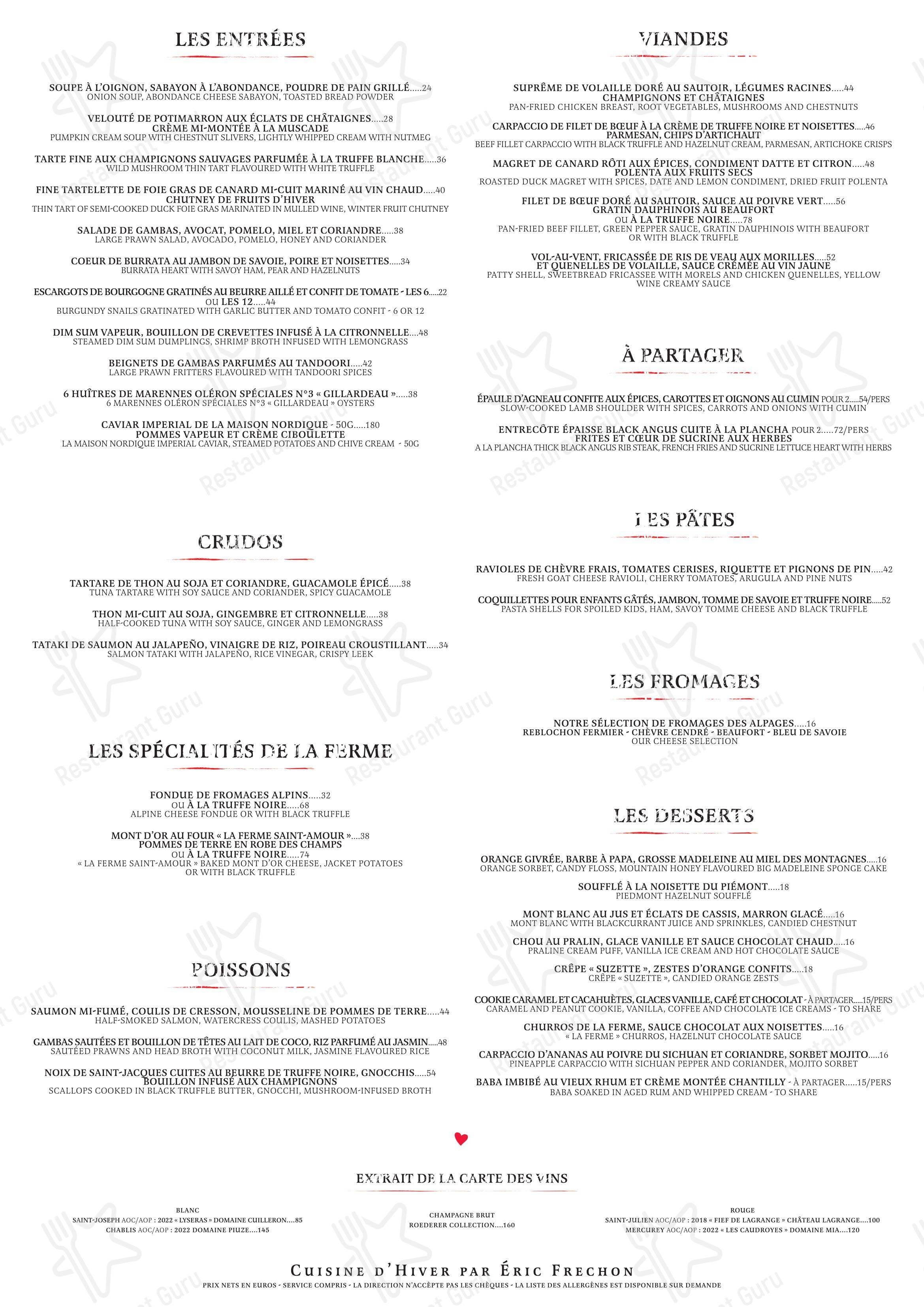 Menu au La Ferme Saint-Amour restaurant, Megève