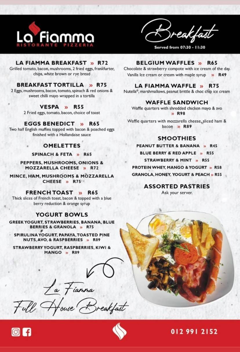 Menu at La Fiamma restaurant, Pretoria