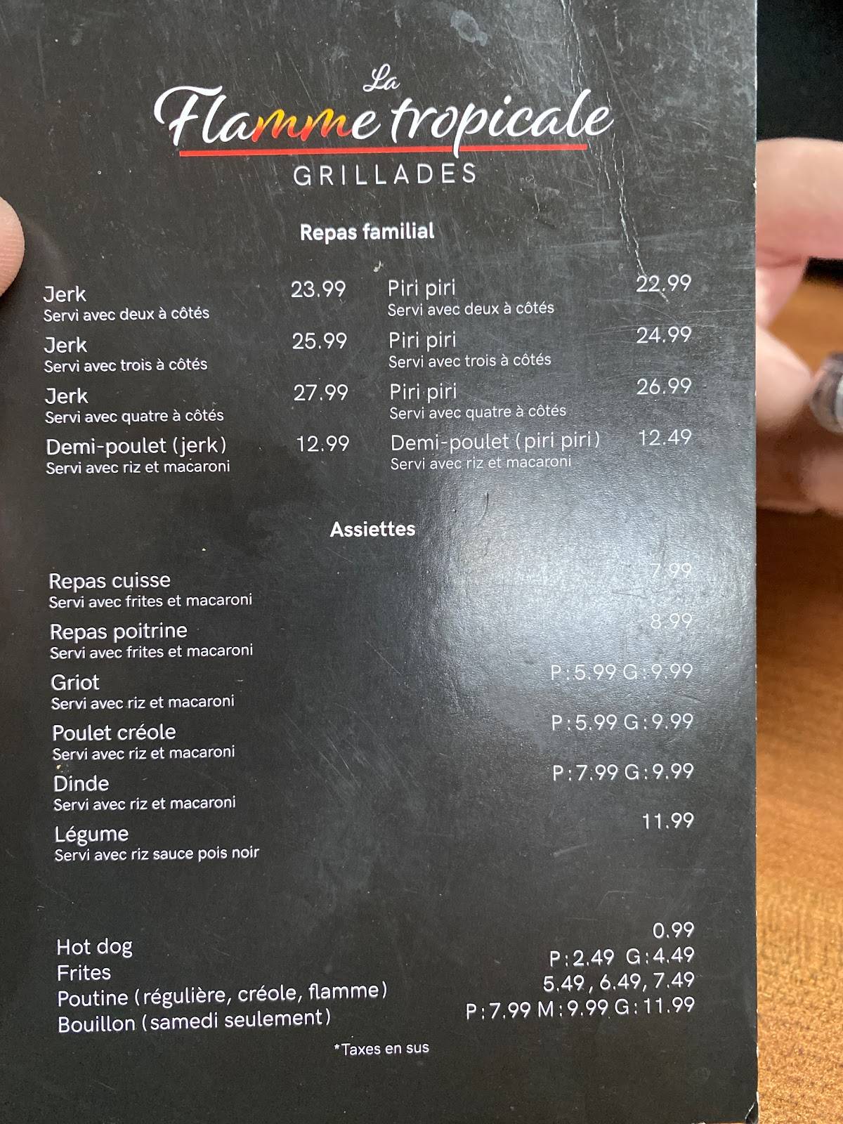 Menu au La Flamme Tropicale restaurant, Montréal