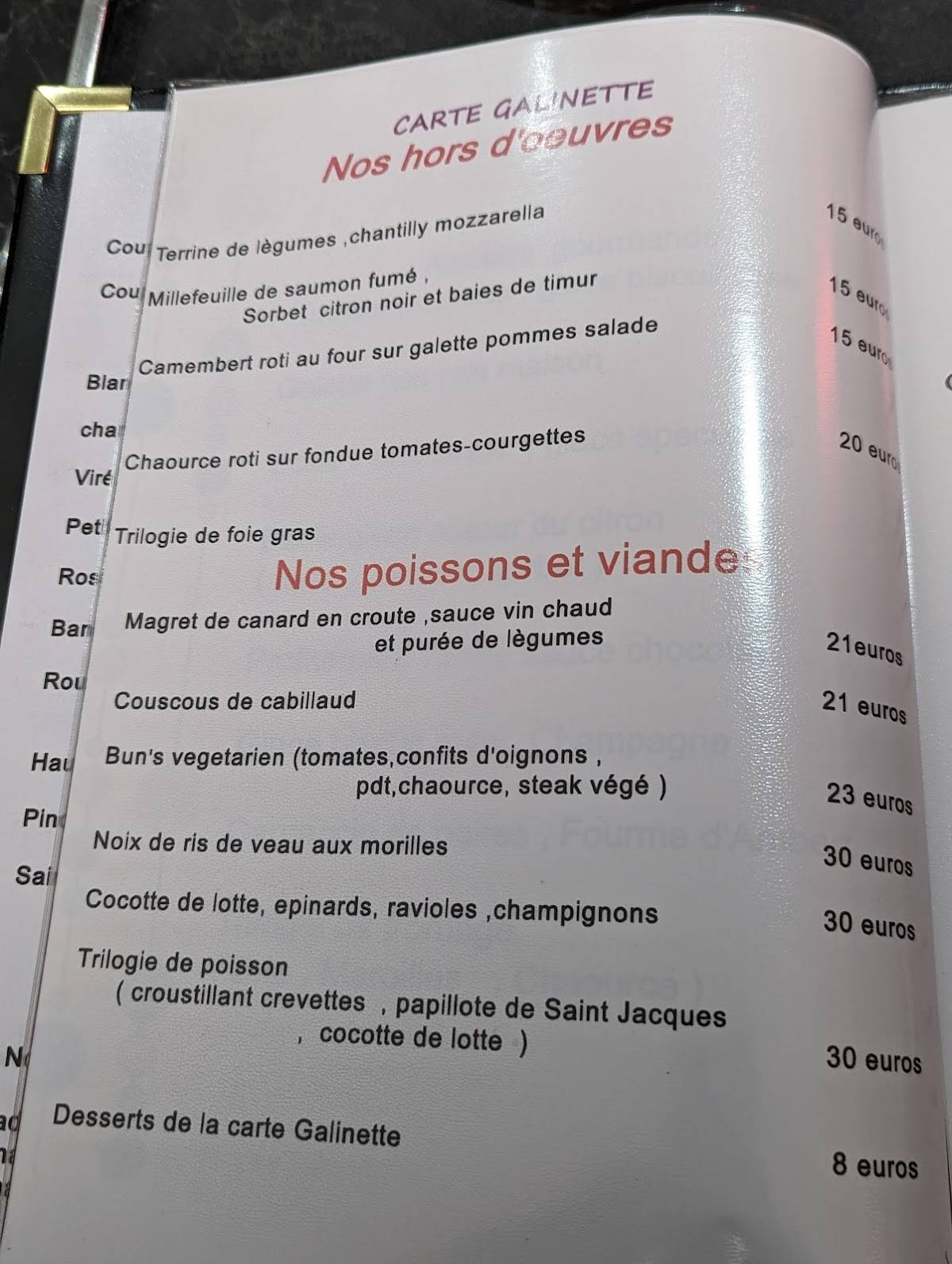Carta del restaurante La Galinette, Reims