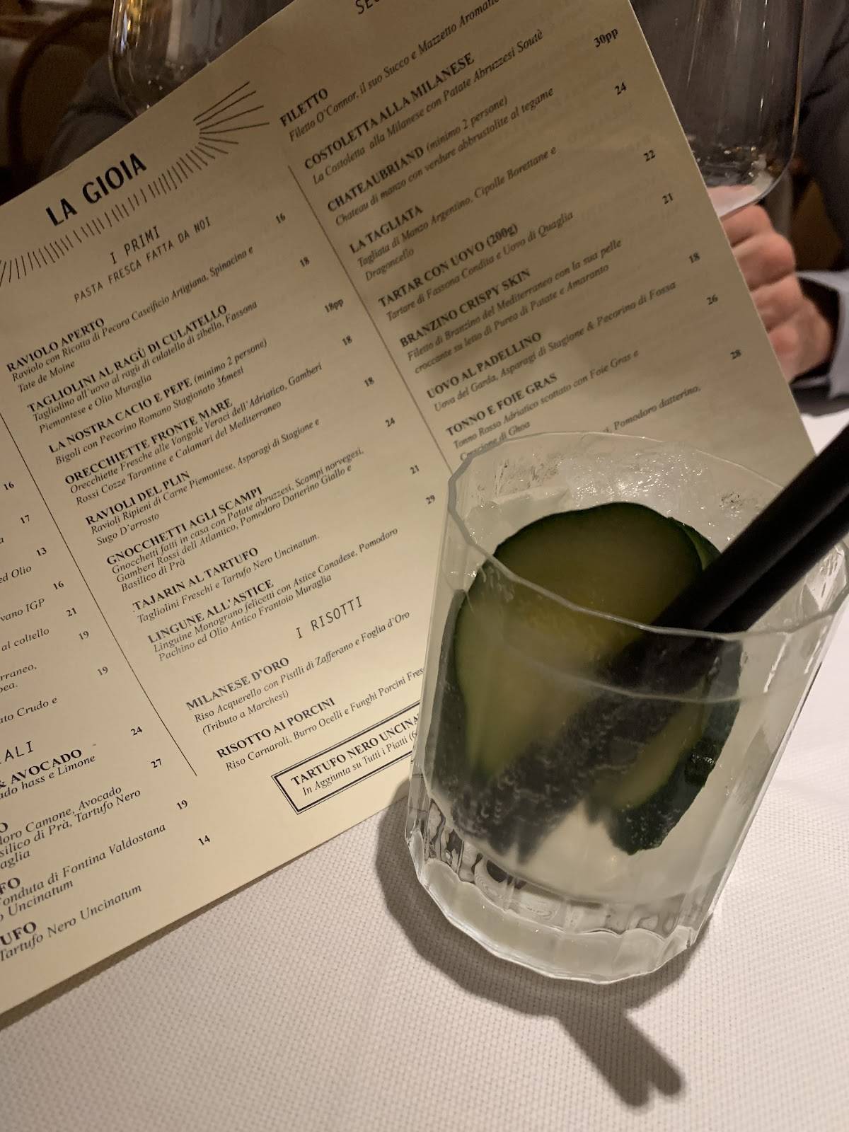 Menu da La Gioia ristorante, Milano