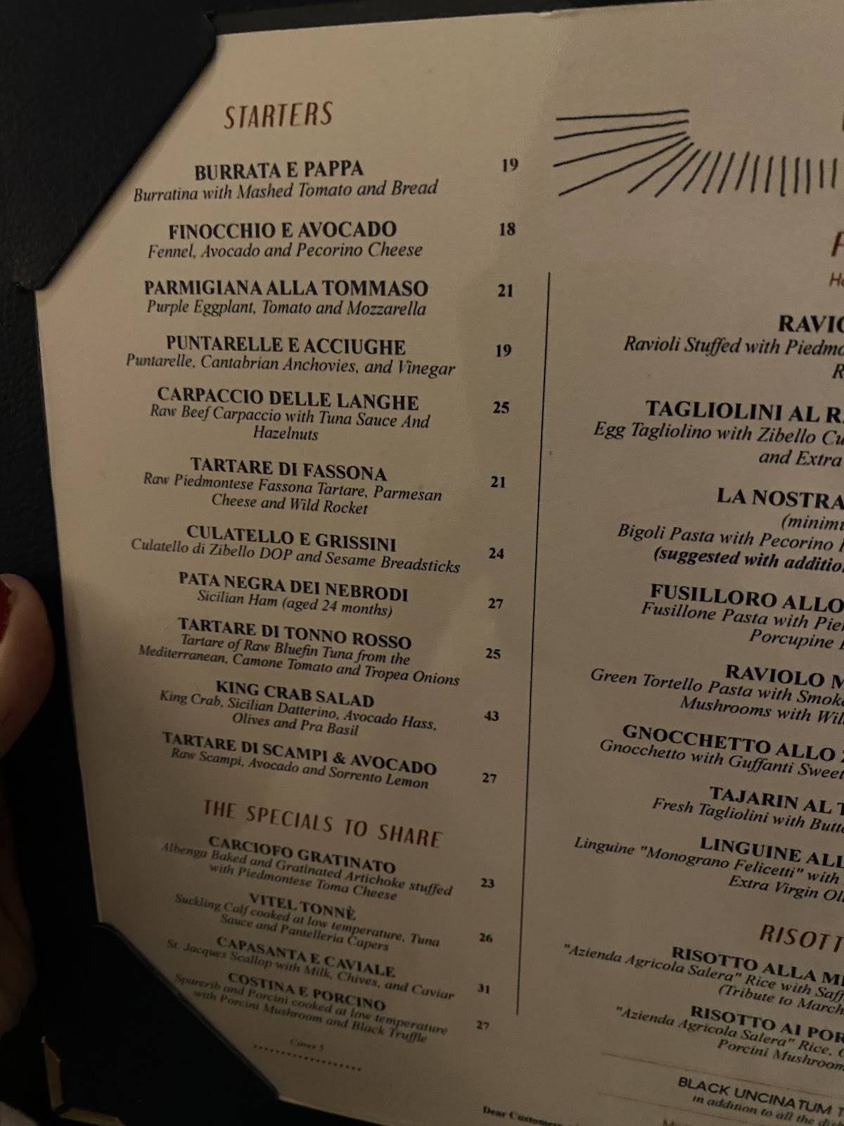 Carta del restaurante La Gioia San Marco, Milan