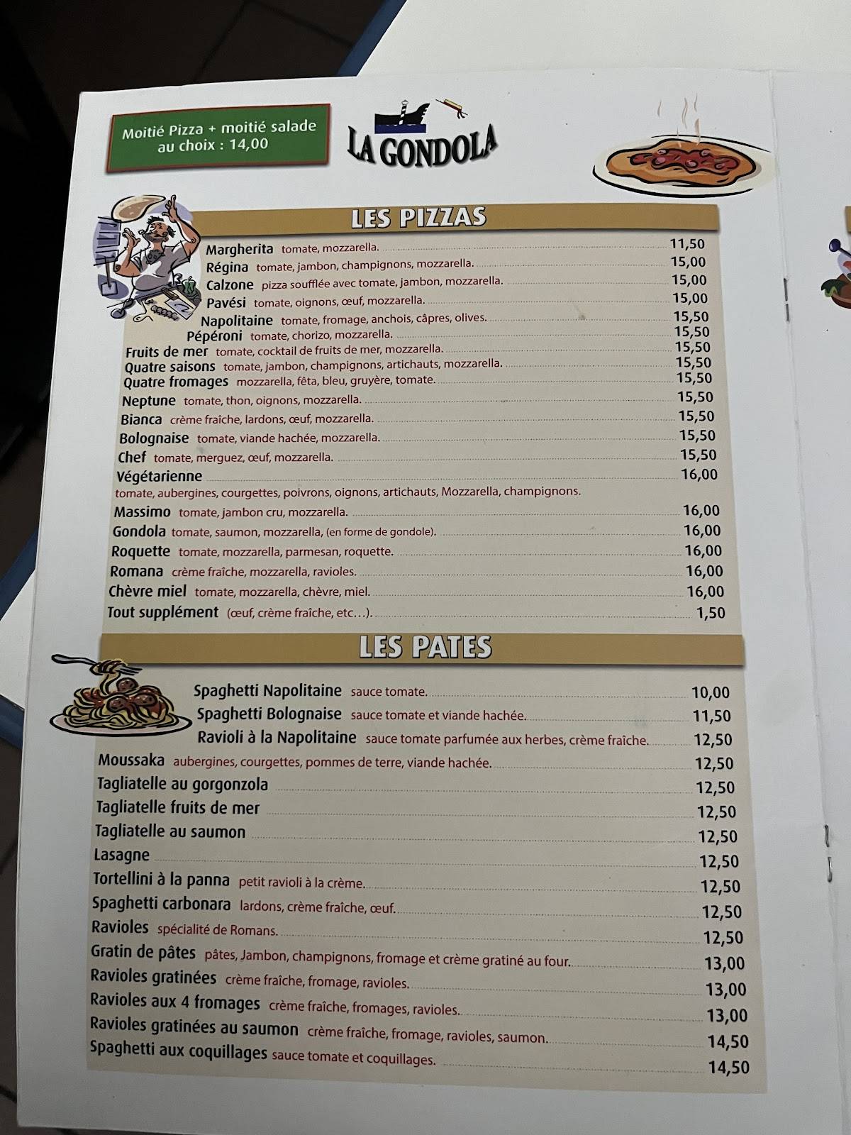 Menu au La Gondola pizzeria, Valence