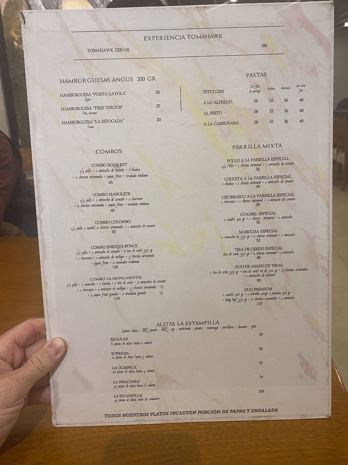 Carta del restaurante La Gran Faena, Huamachuco