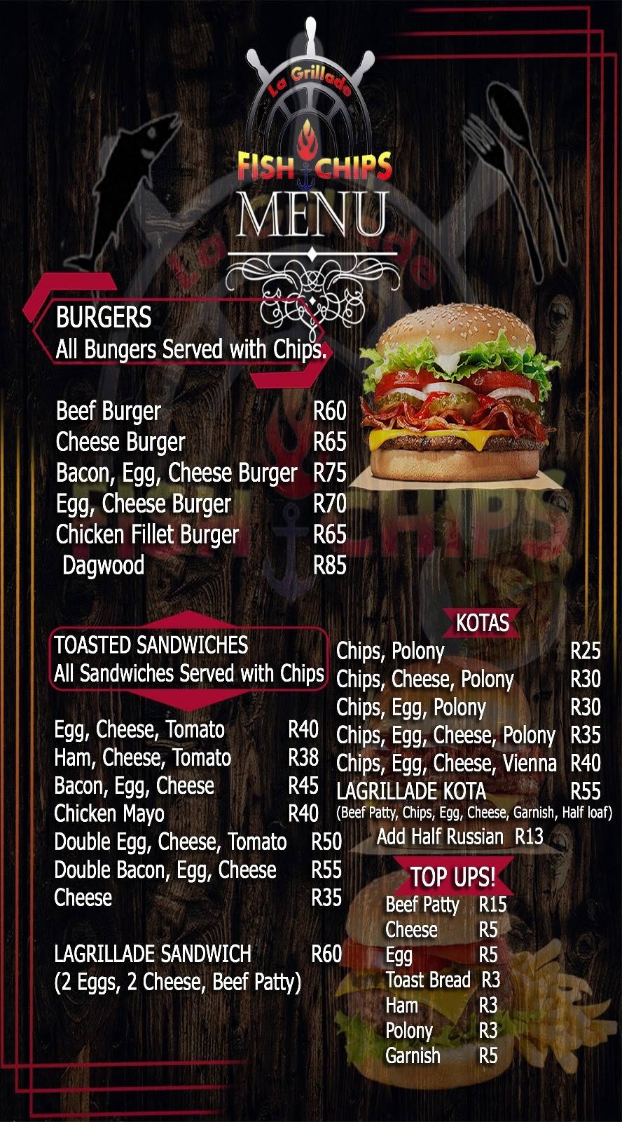 Menu at La Grillade fish and chips restaurant, Six Fountains ...