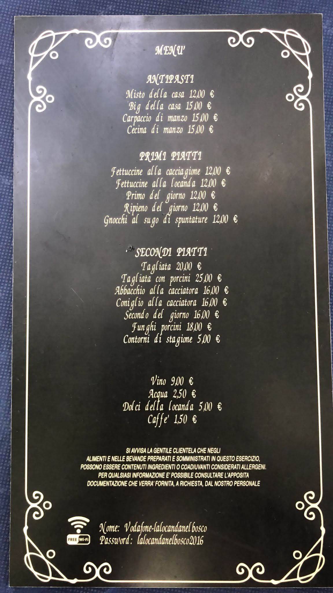 Menu da Ristorante La Locanda nel Bosco, Rocca di Papa