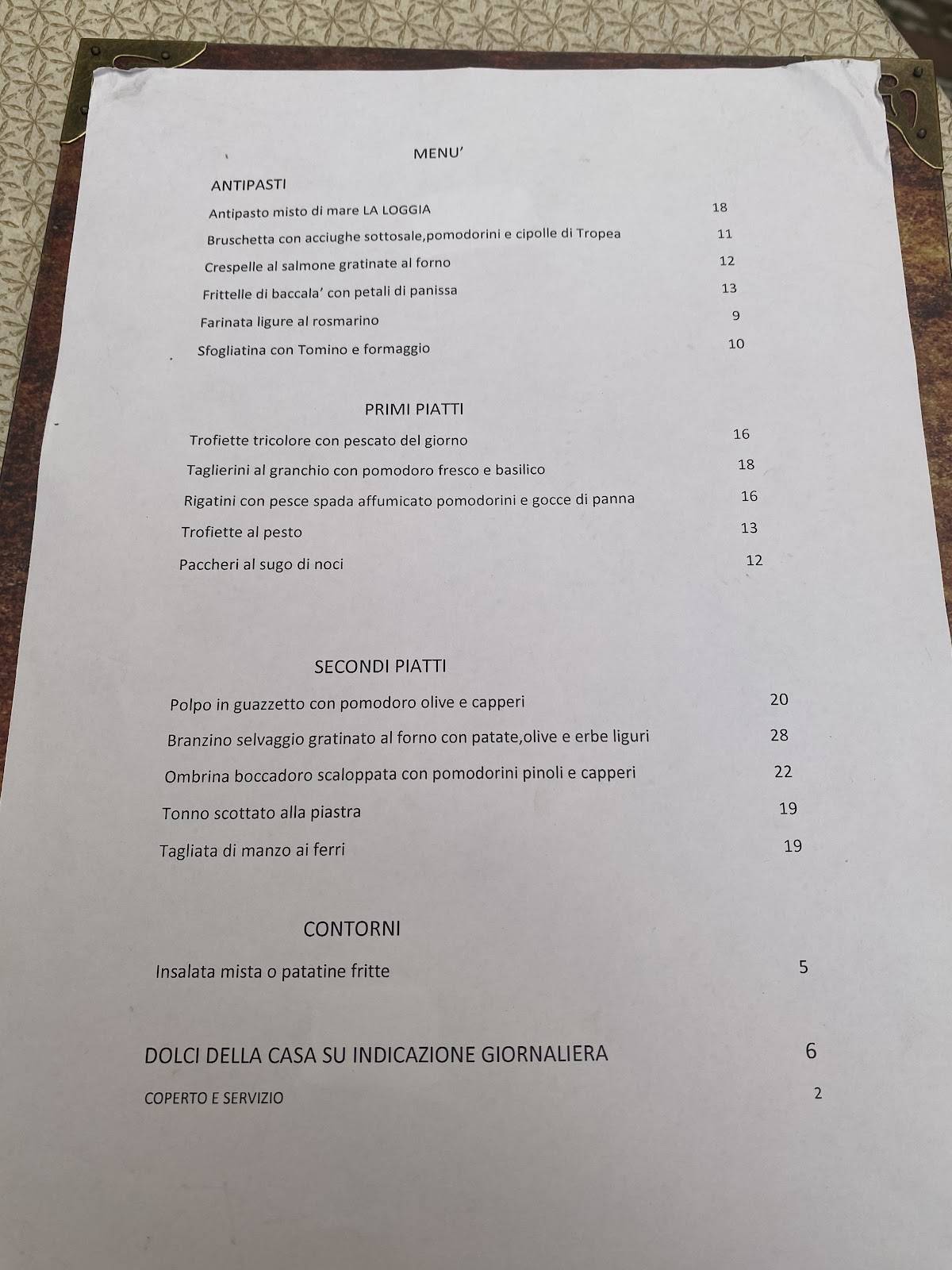 Menu da La Loggia ristorante, Noli