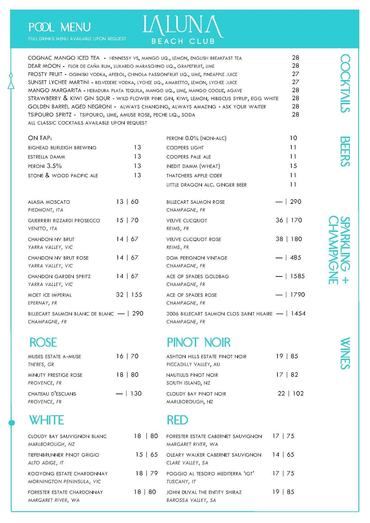 Carta de La Luna Beach Club, Main Beach