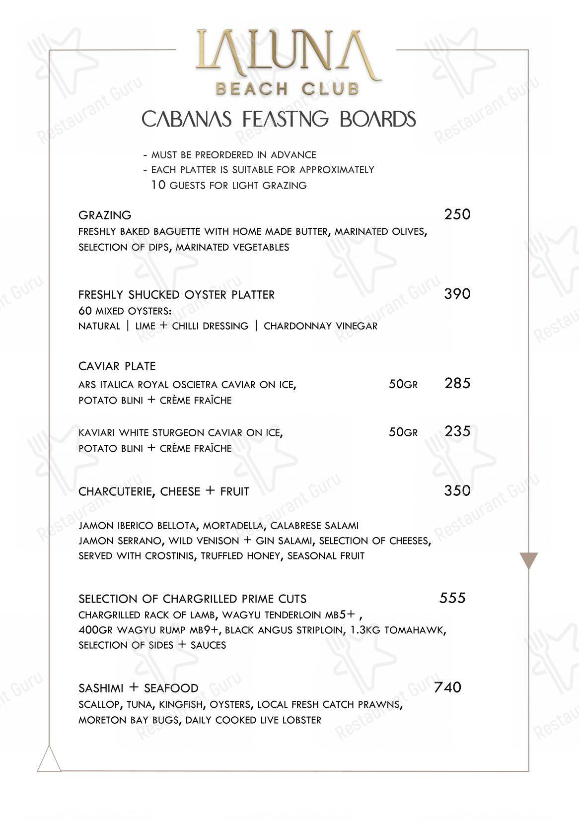 Menu at La Luna Beach Club, Main Beach