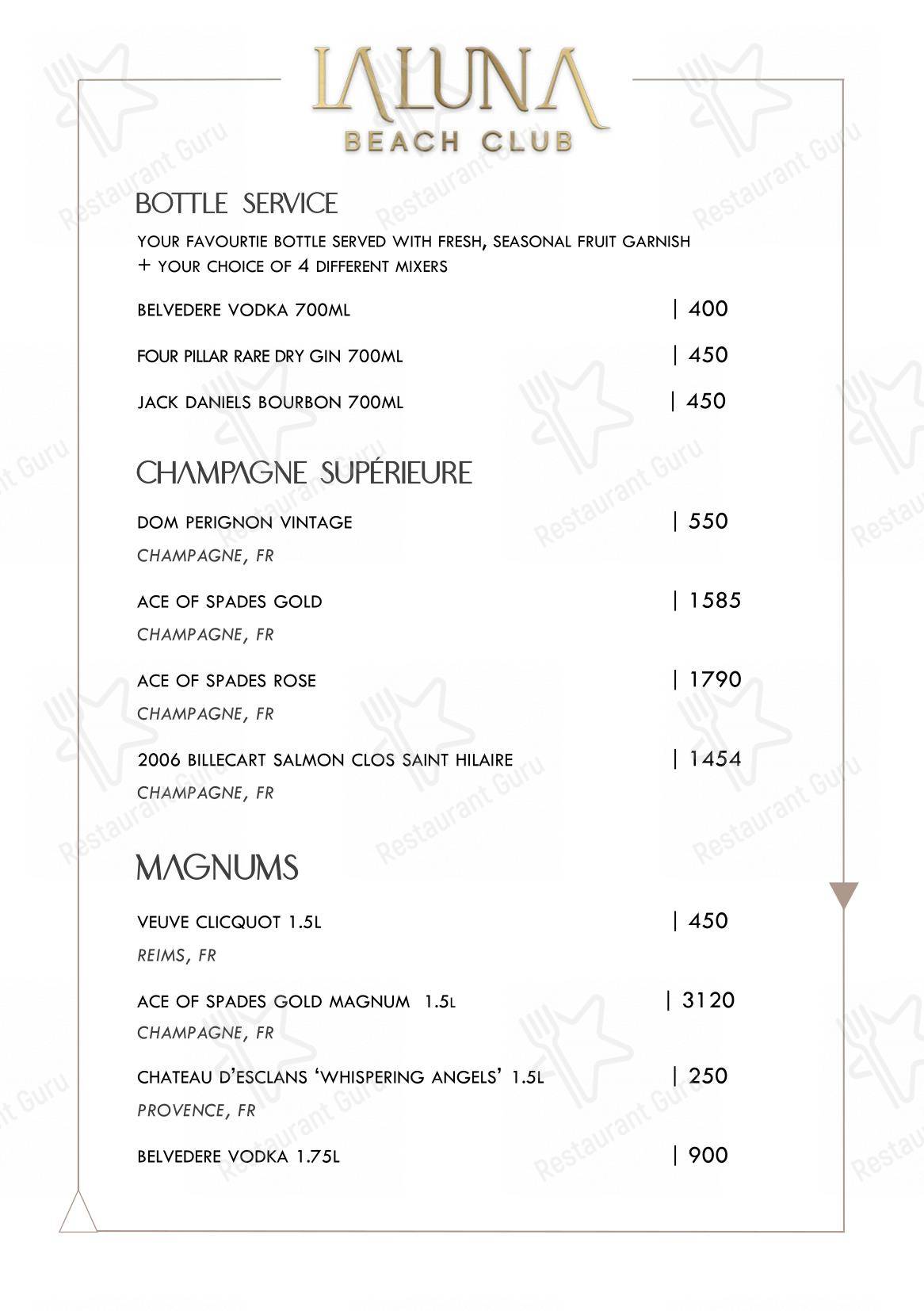 Menu at La Luna Beach Club, Main Beach