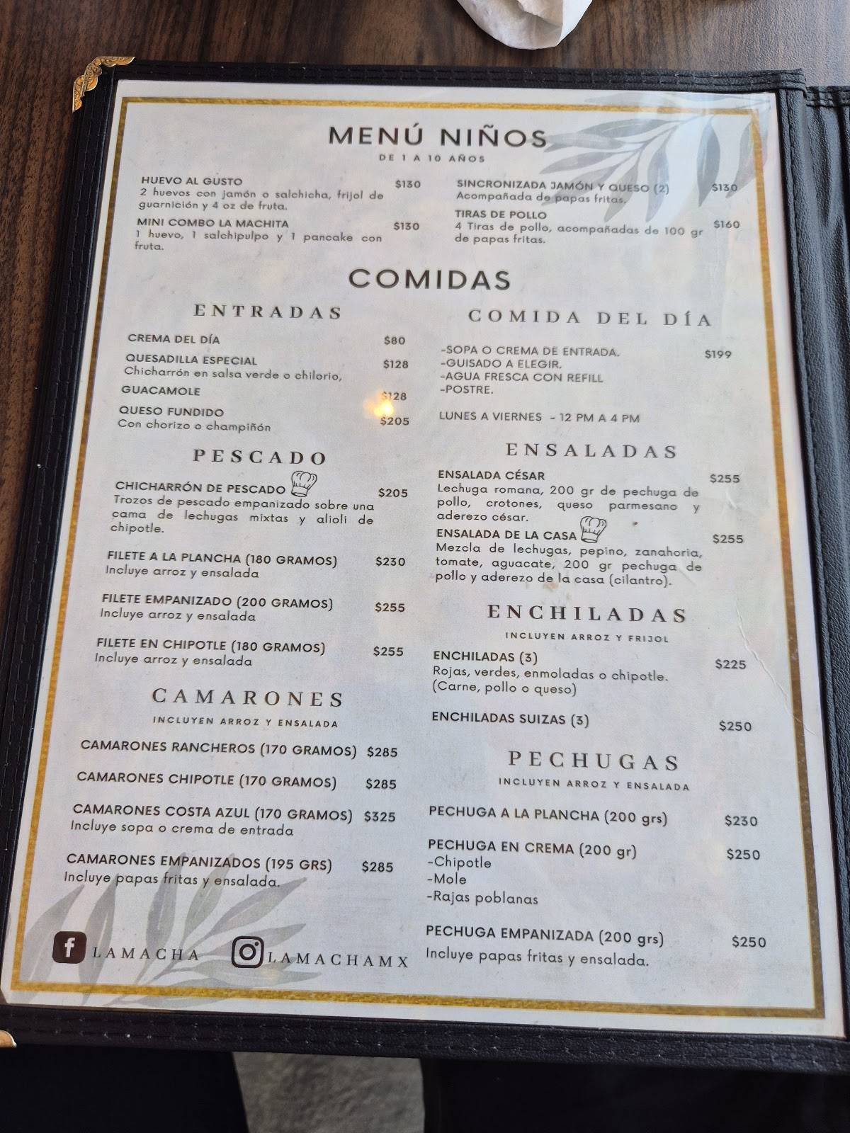 Carta del restaurante La Macha, Tijuana