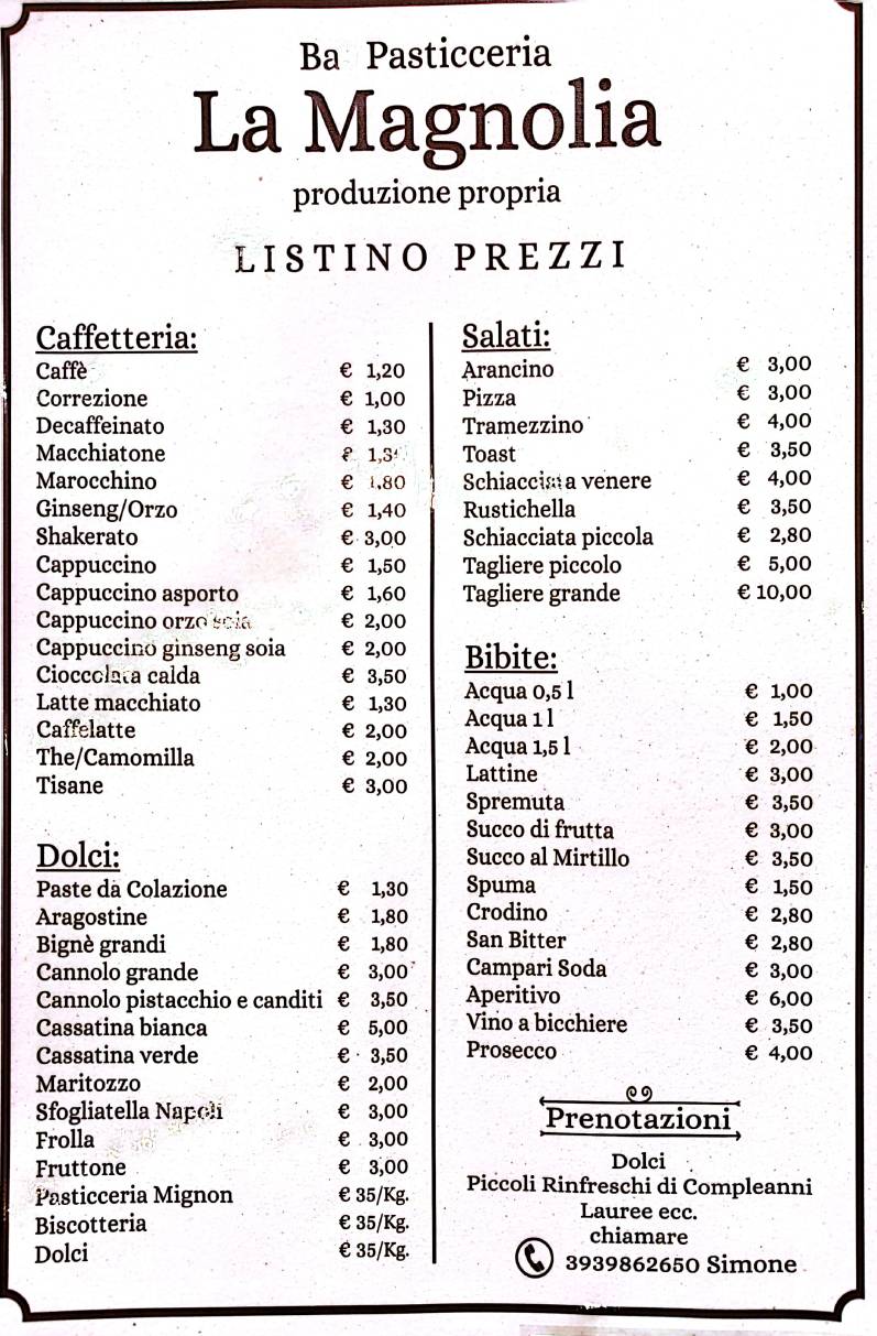 Menu at La Magnolia pub & bar, Florence