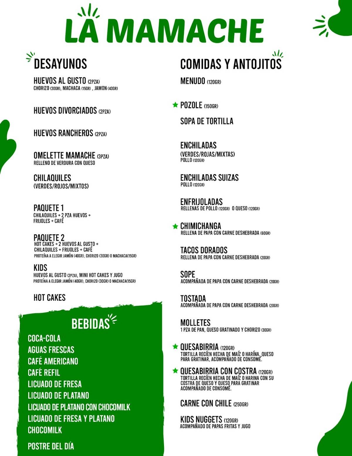 Carta del restaurante La Mamache, Hermosillo