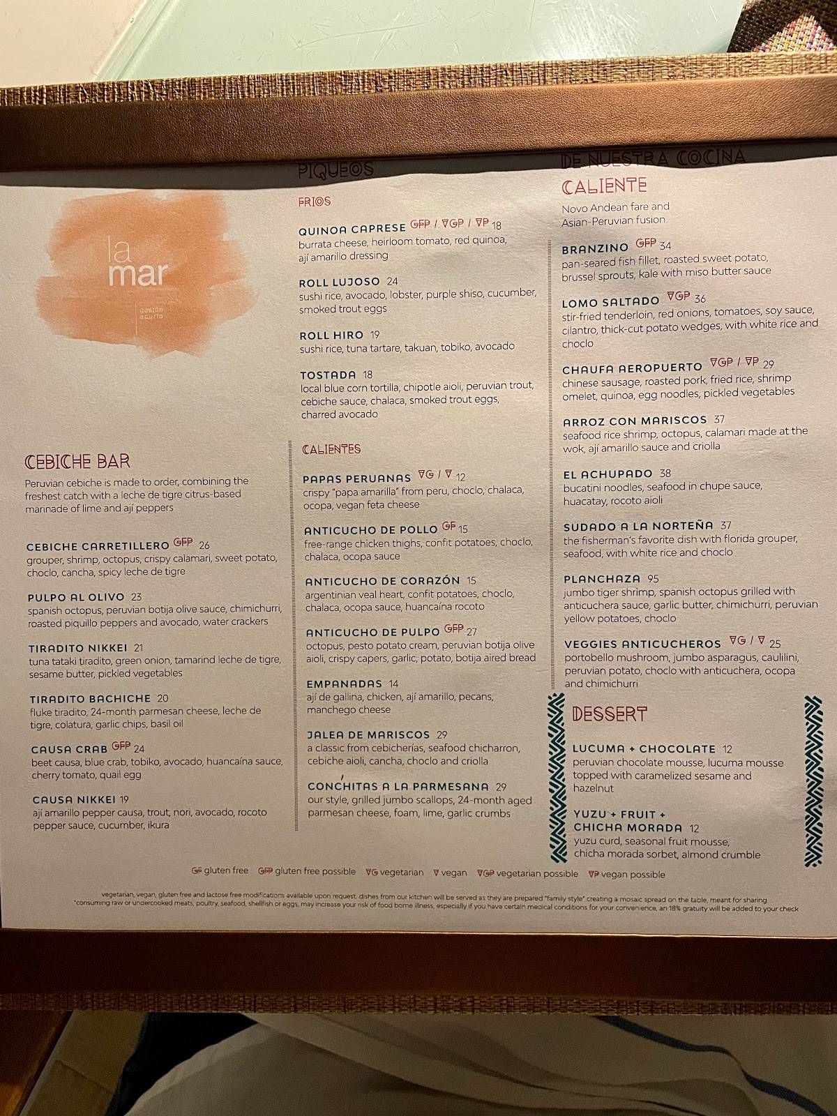 Menu at La Mar by Gastón Acurio restaurant, Miami