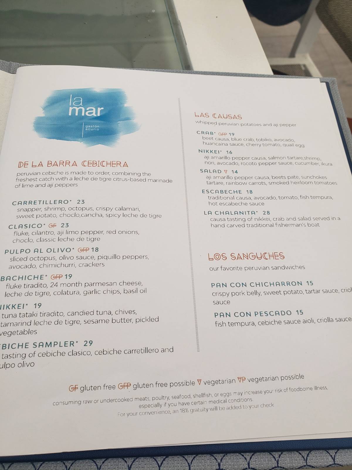 Menu at La Mar by Gastón Acurio restaurant, Miami