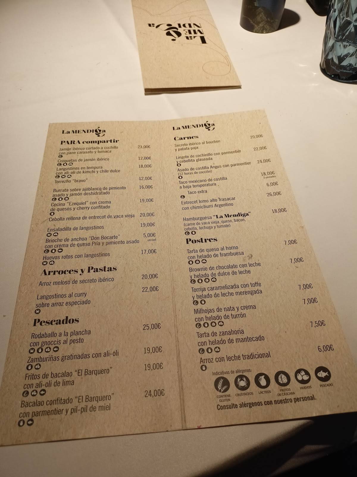 Carta del restaurante La Mendiga, Mieres