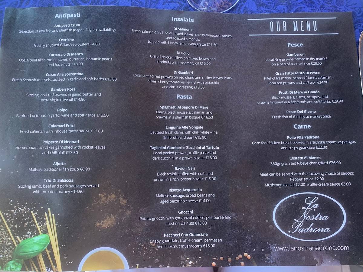 Menu at La Nostra Padrona restaurant, Marsaxlokk