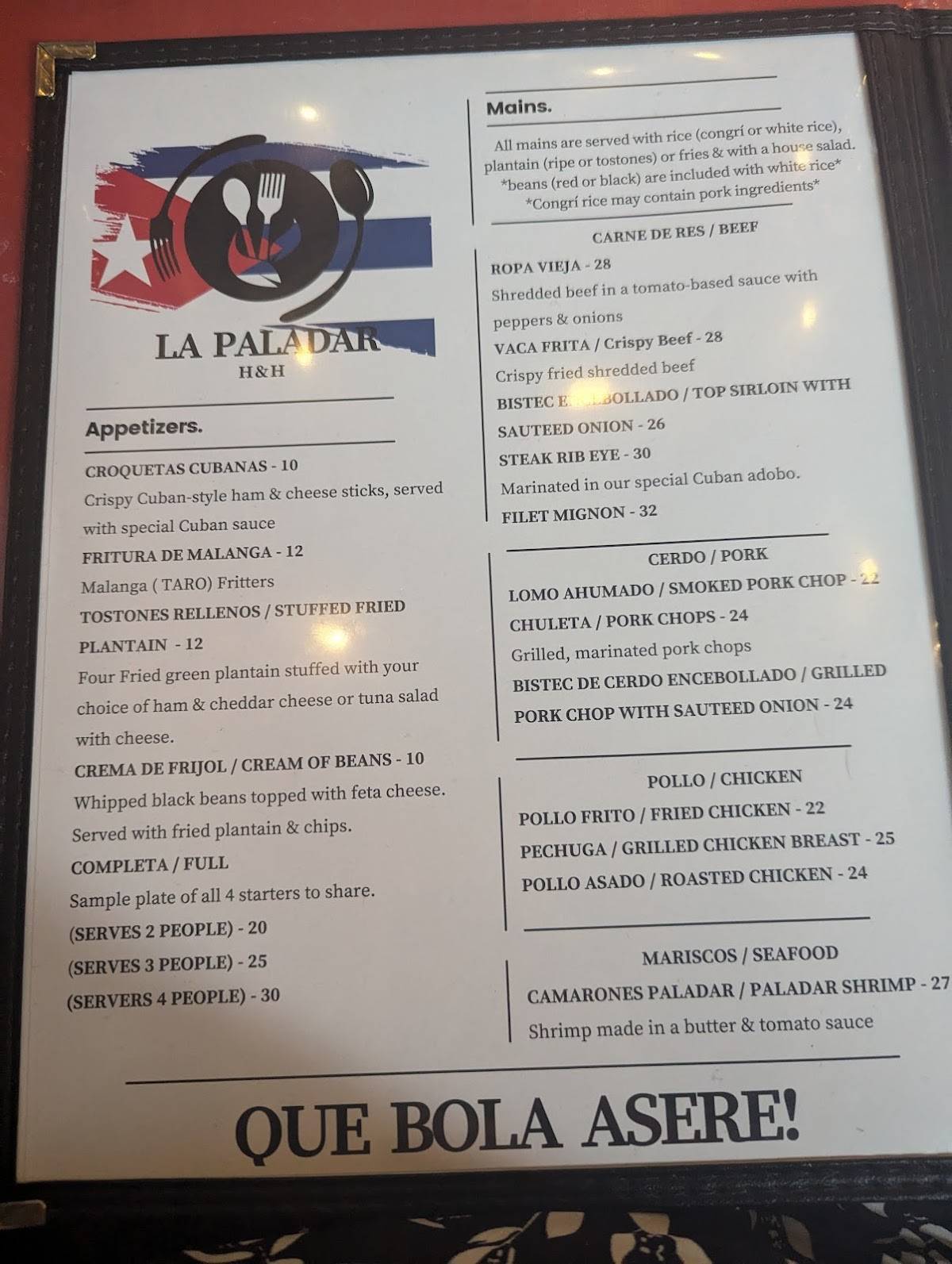 Menu au La Paladar Holguin & Havana restaurant, Ottawa