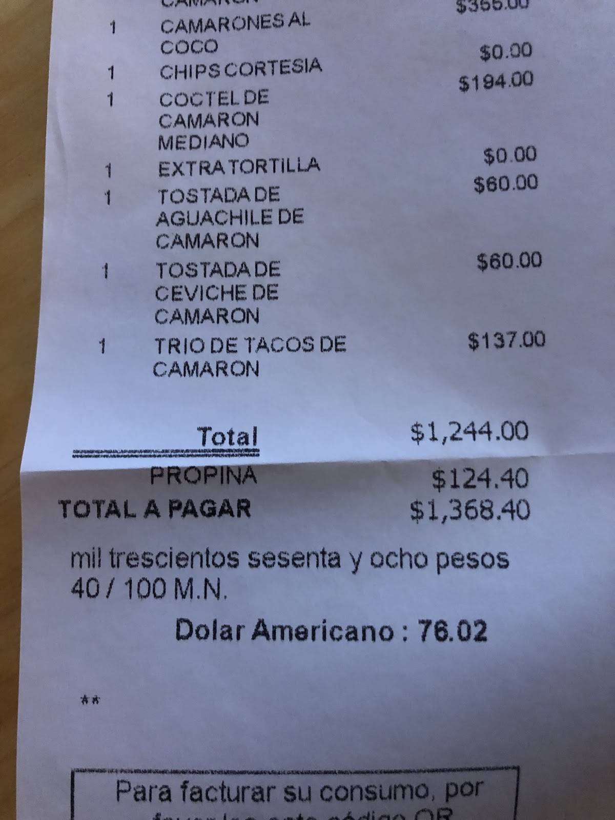 Carta de La Palapita Mexican Seafood Restaurant, Cancún