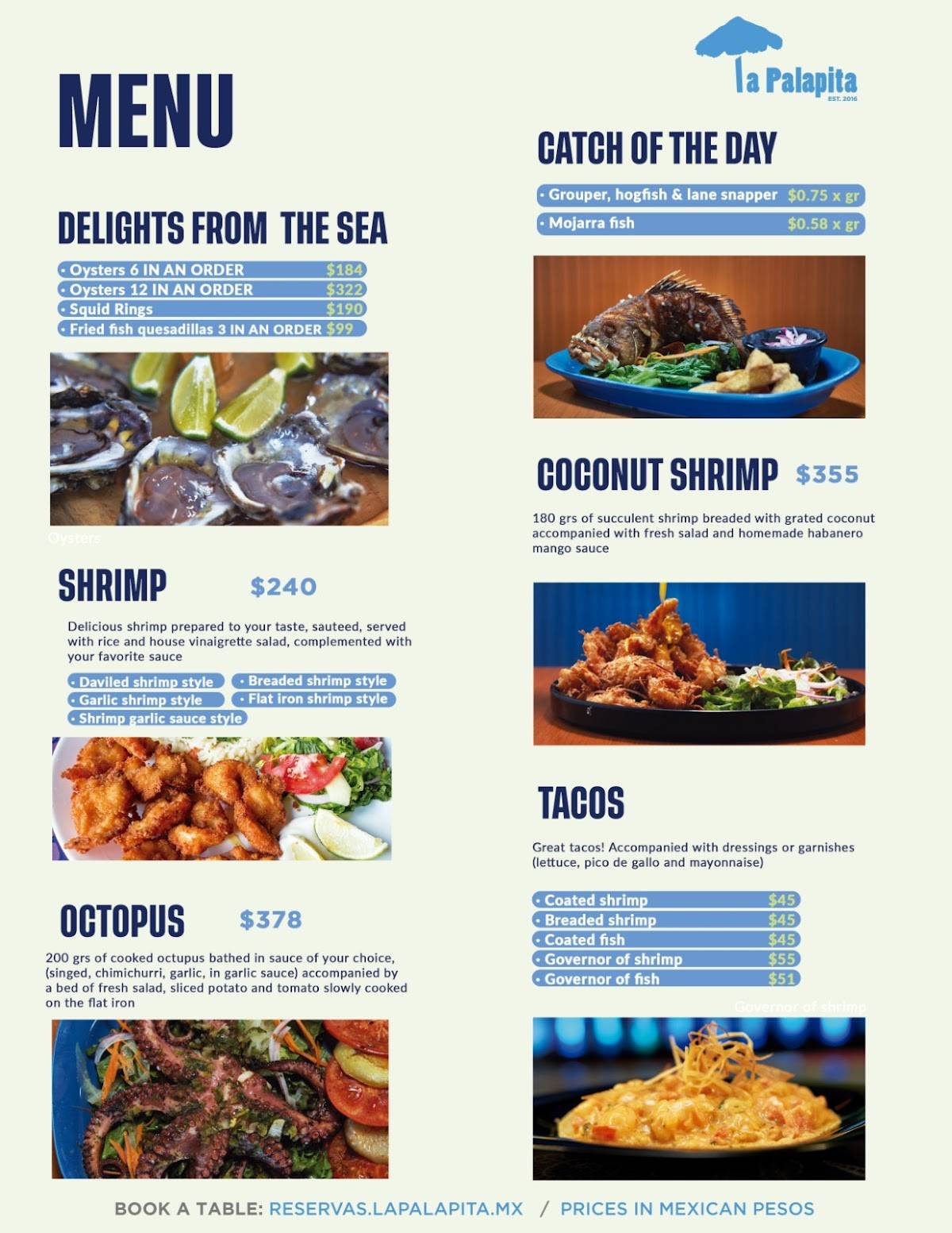 Carta de La Palapita Mexican Seafood Restaurant, Cancún