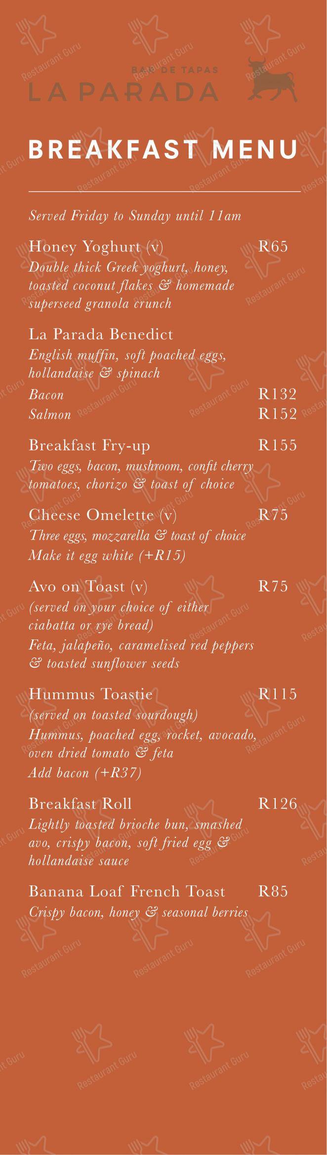 Menu at La Parada Emperors Palace restaurant, Kempton Park