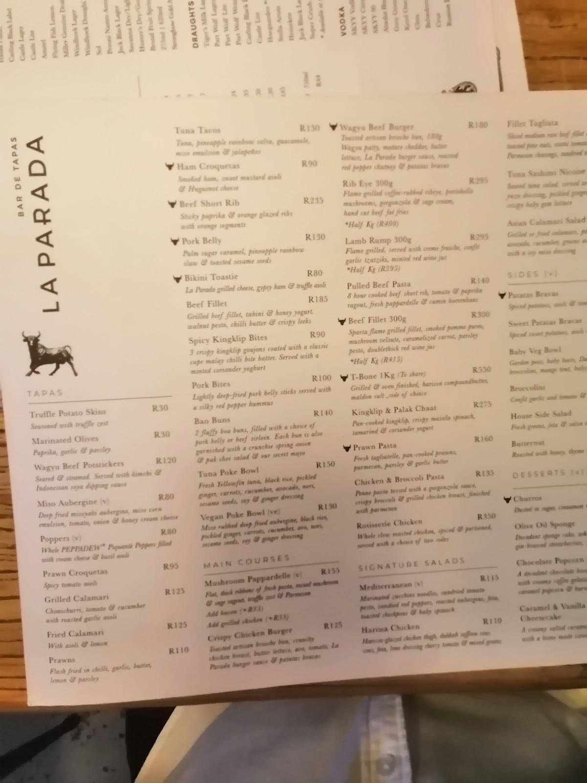 Menu at La Parada Umhlanga restaurant, Durban