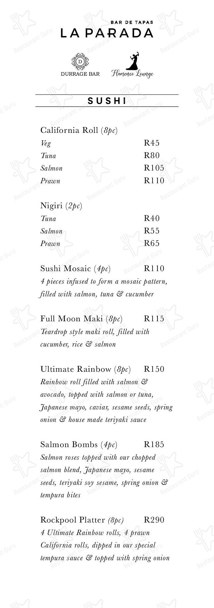 Menu at La Parada Umhlanga restaurant, Durban