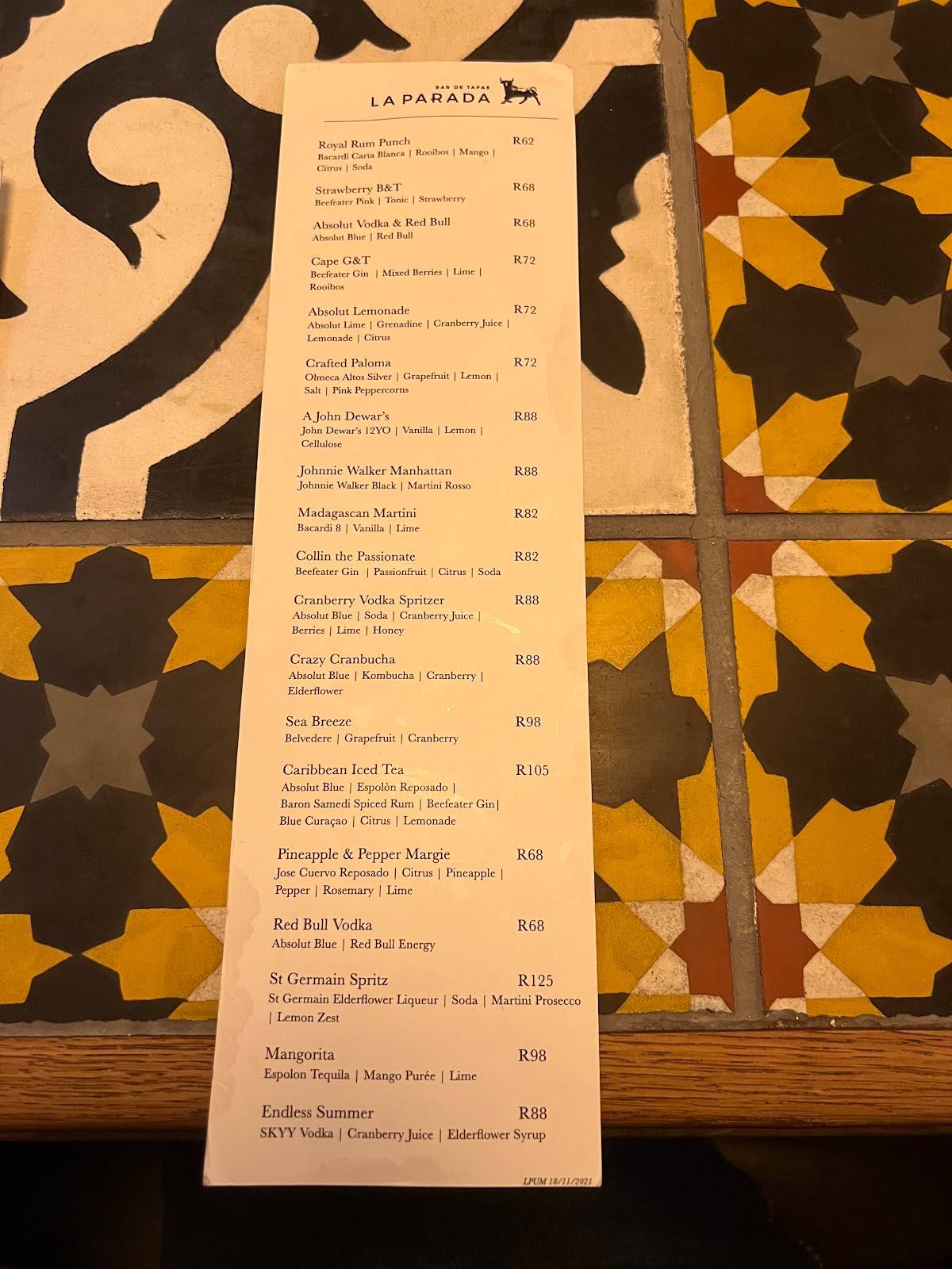 Menu at La Parada Umhlanga restaurant, Durban