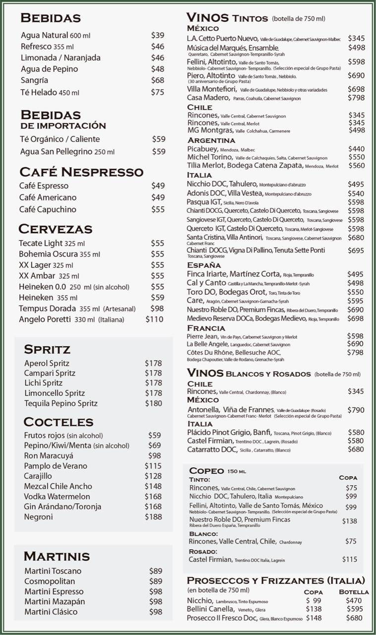 Menu at La Pastería restaurant, Guadalajara
