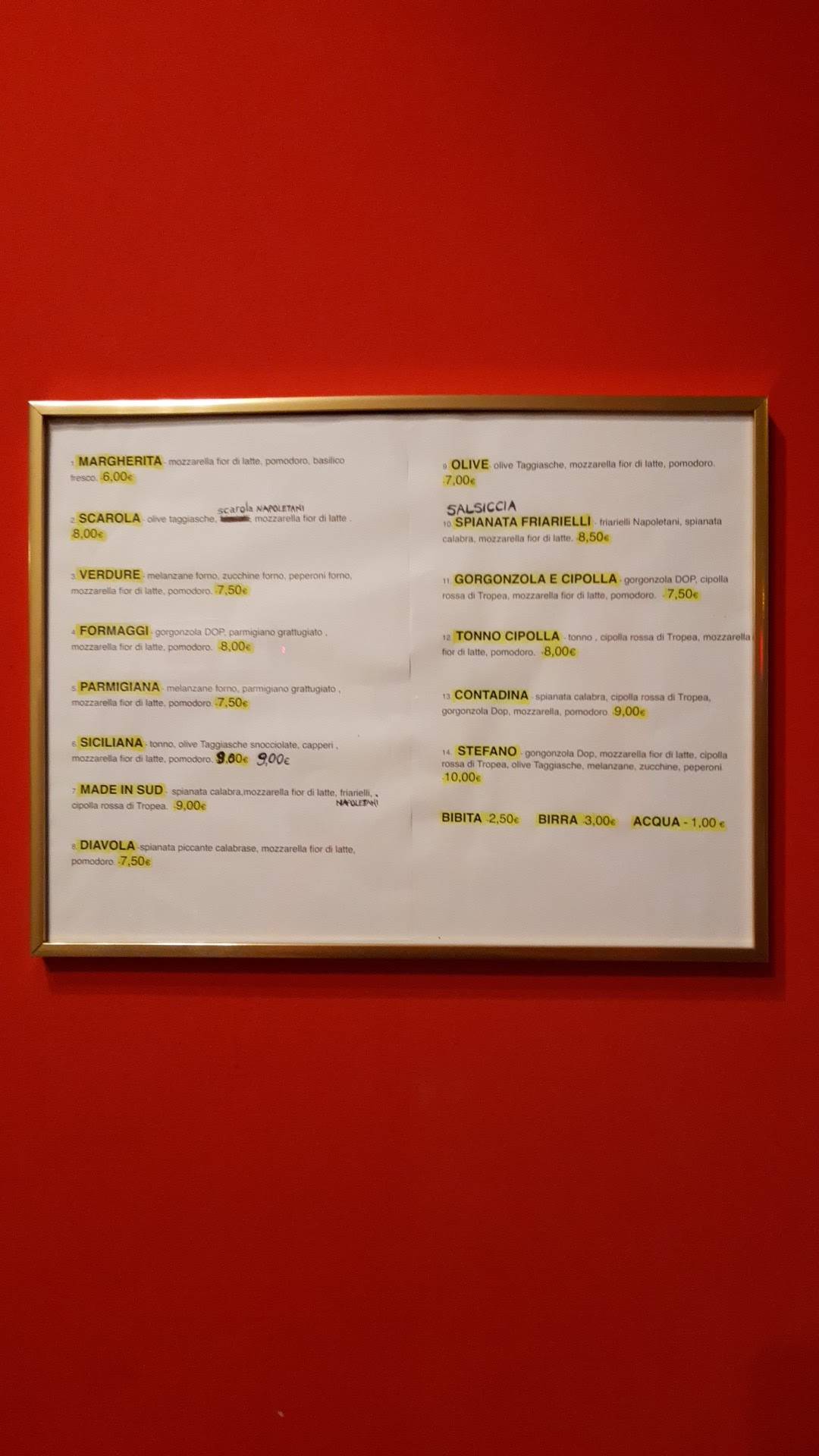 Menu at La Piccola Pizzeria, Turin, Corso Benedetto Croce