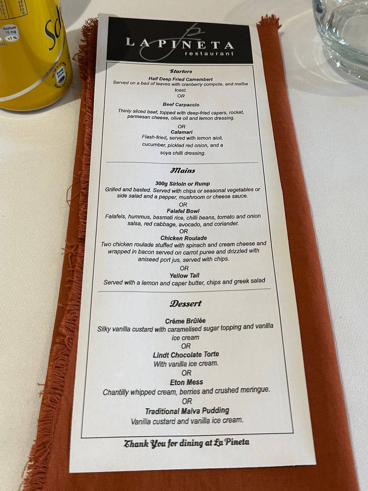 Menu at La Pineta restaurant, Stellenbosch, R44