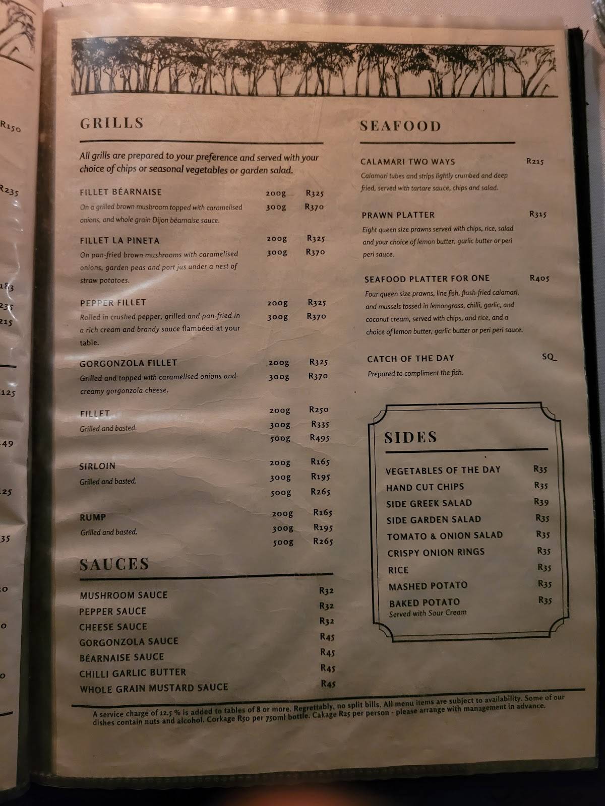 Menu at La Pineta restaurant, Stellenbosch, R44