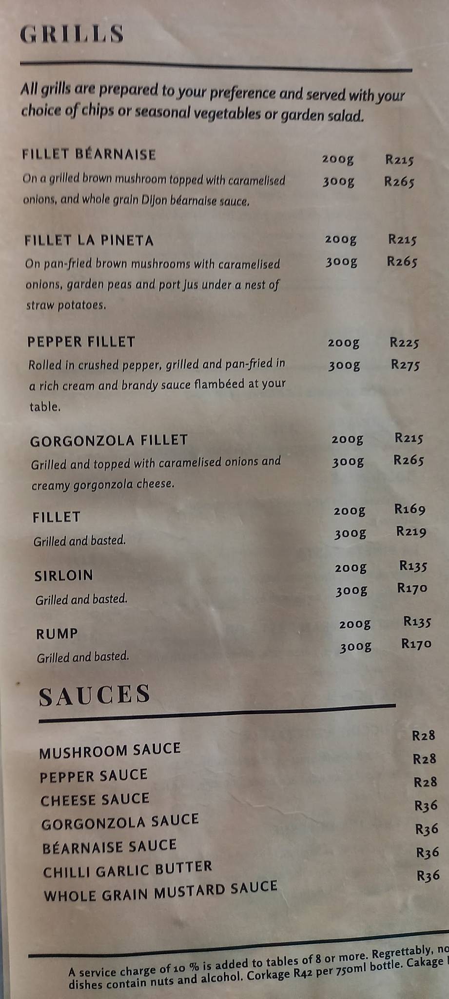 Menu at La Pineta restaurant, Stellenbosch, R44