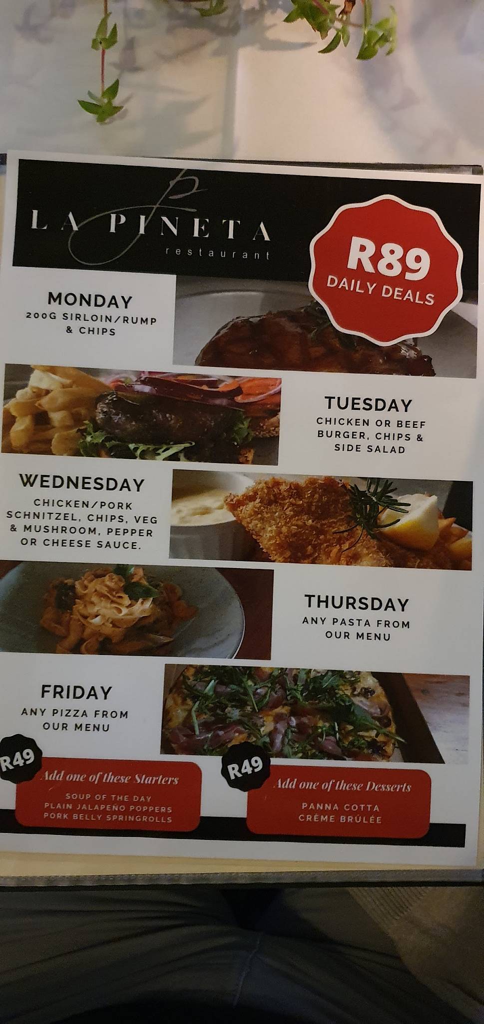 Menu at La Pineta restaurant, Stellenbosch, R44