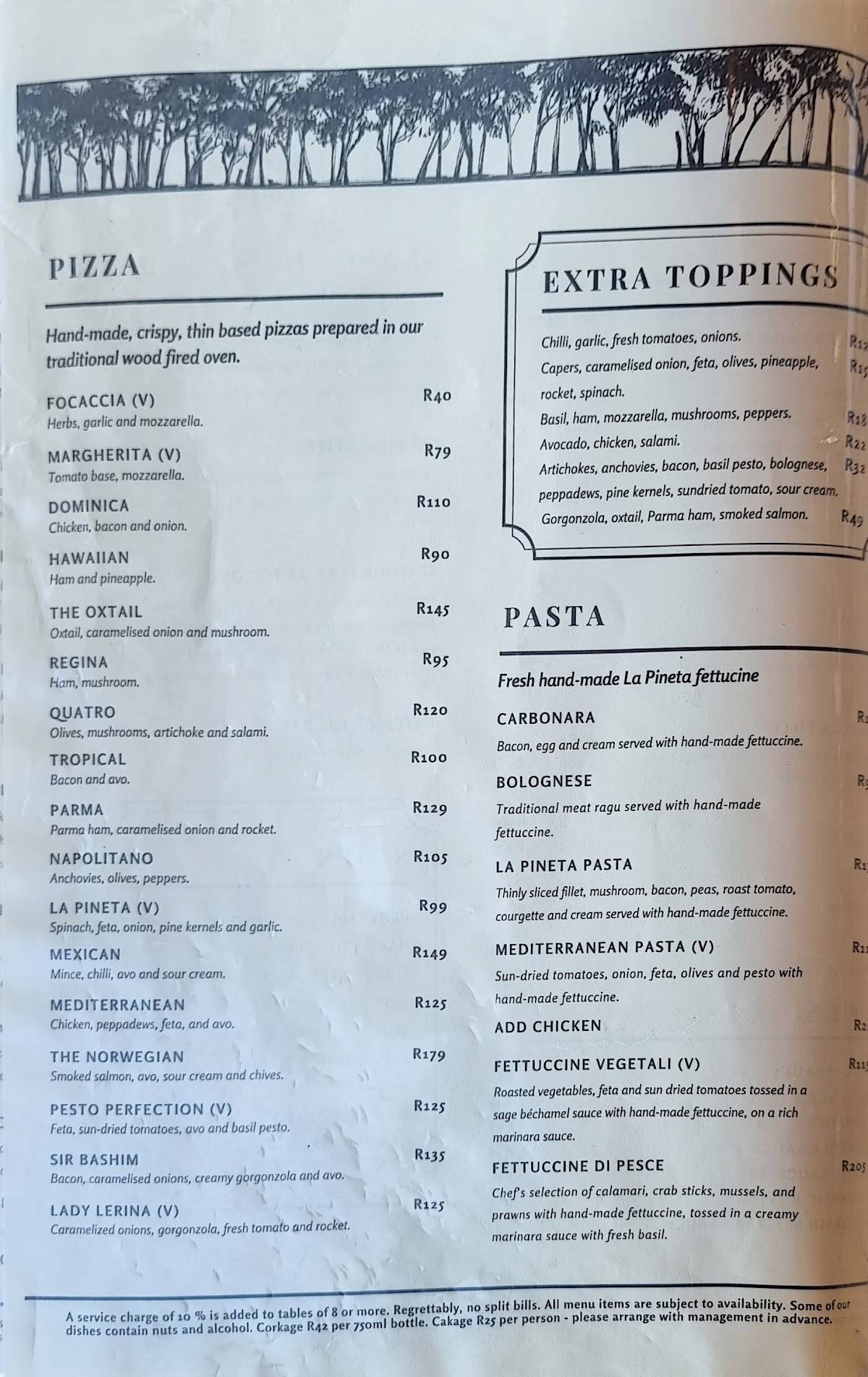 Menu at La Pineta restaurant, Stellenbosch, R44
