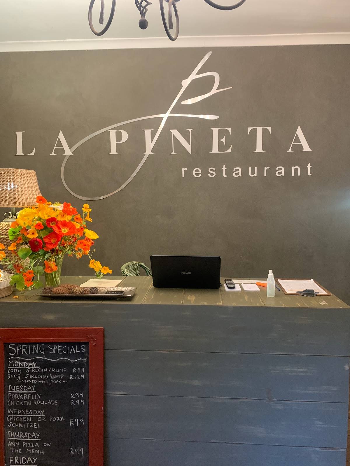 Menu at La Pineta restaurant, Stellenbosch, R44