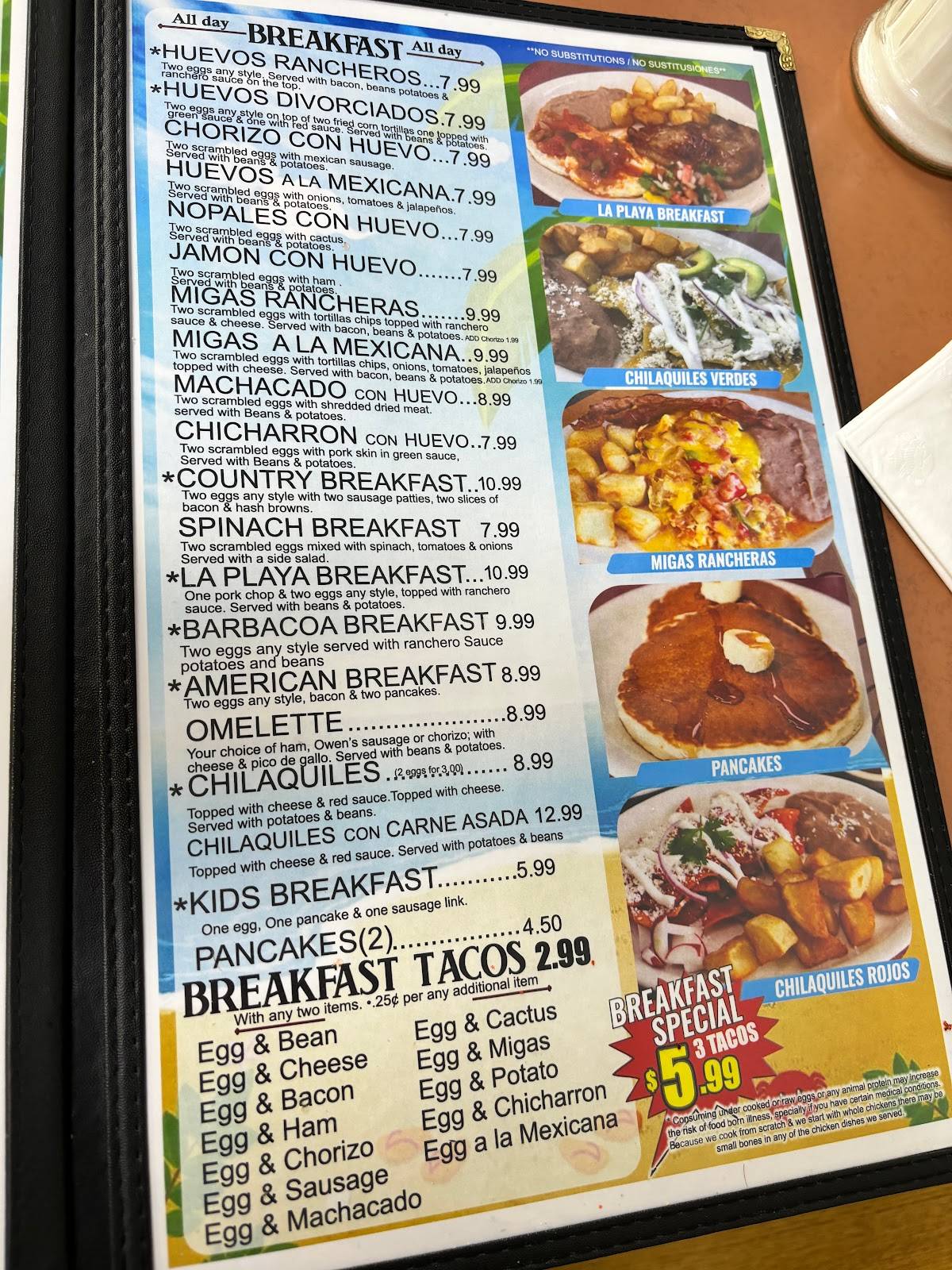 Menu at La Playa Taqueria & Mariscos restaurant, Austin, S 1st St