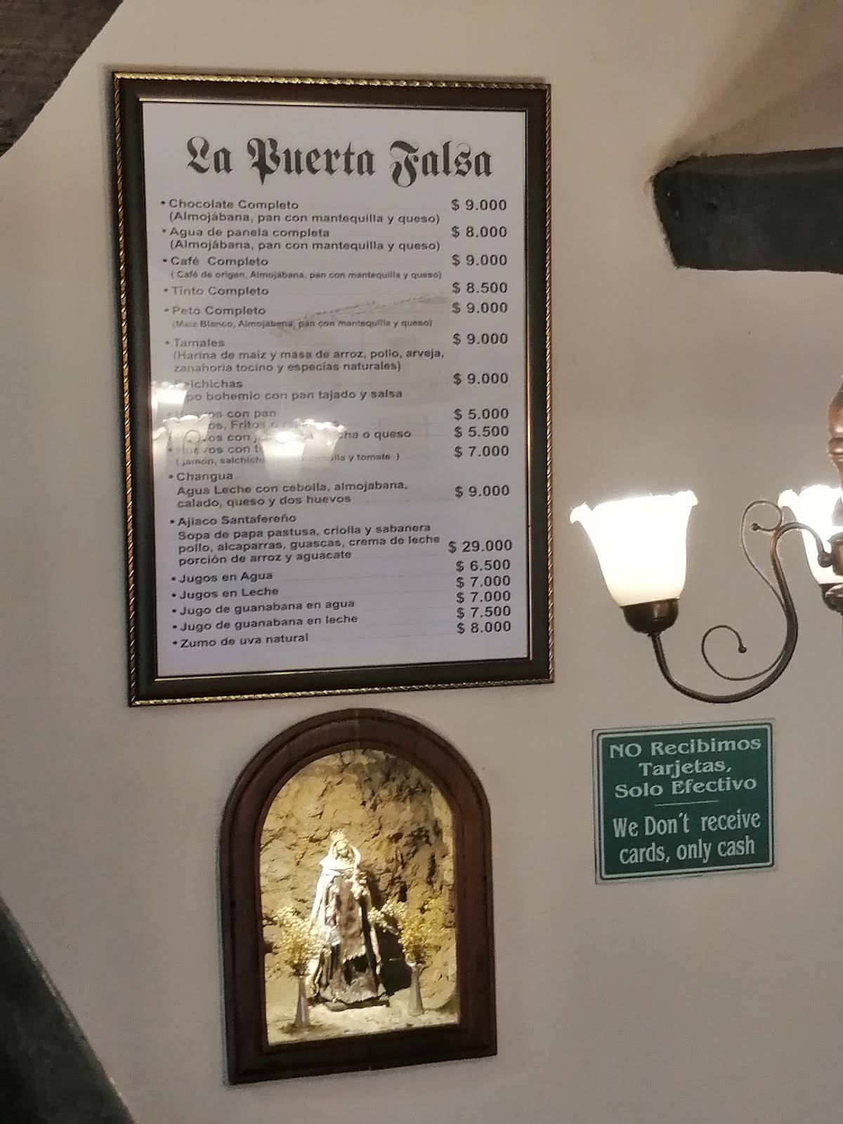 Menu at La Puerta Falsa Restaurant, Bogotá