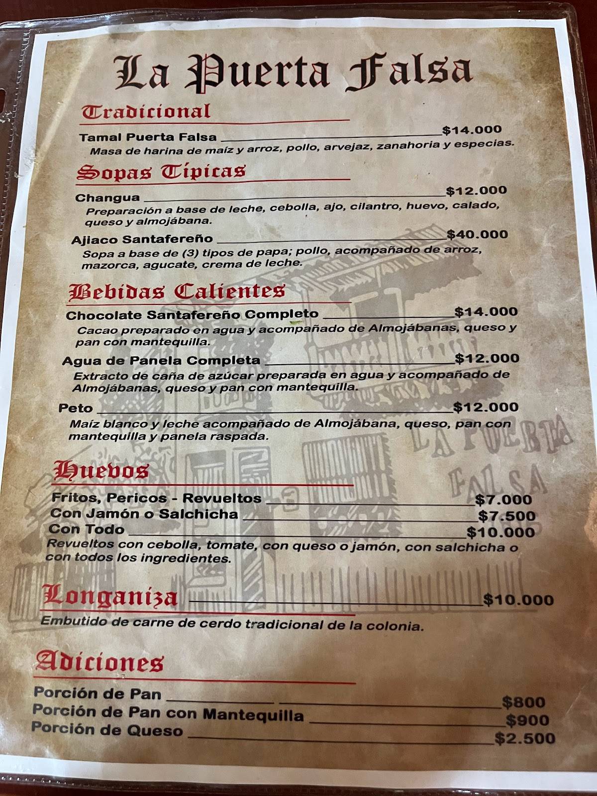 Menu at La Puerta Falsa Restaurant, Bogotá