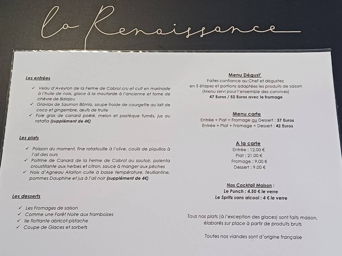 Menu au La Renaissance restaurant, Capdenac-Gare