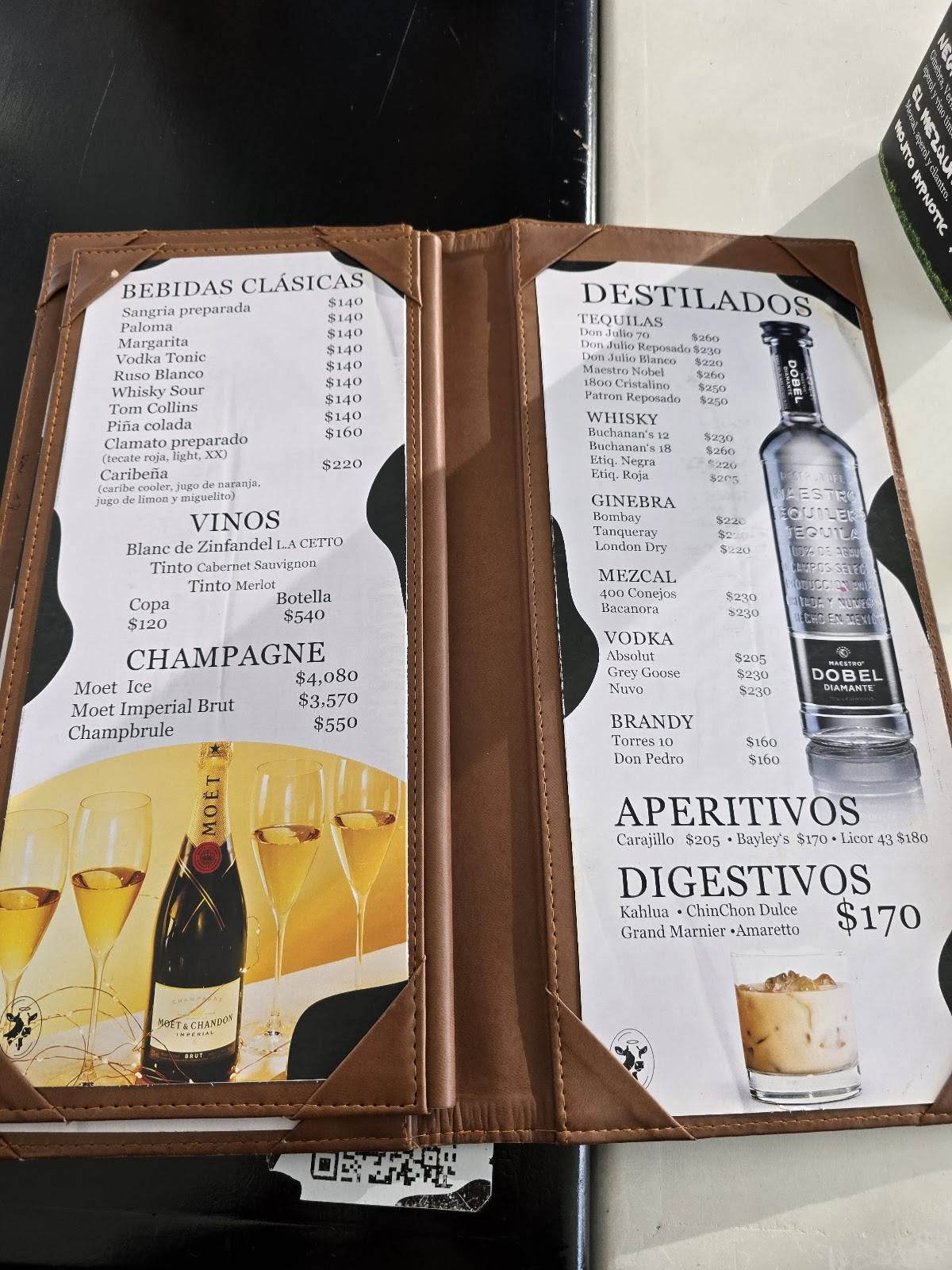 Menu at La Santa Vaca restaurant, Rosarito