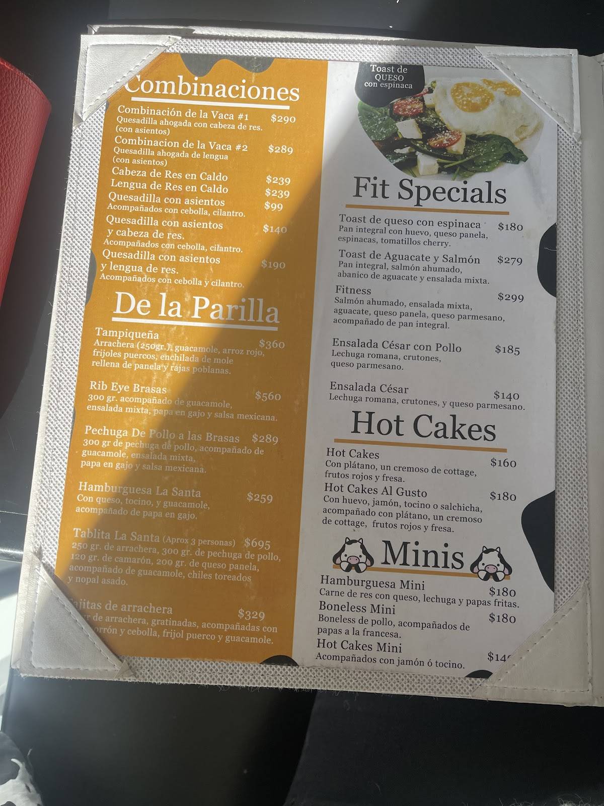 Menu at La Santa Vaca restaurant, Rosarito