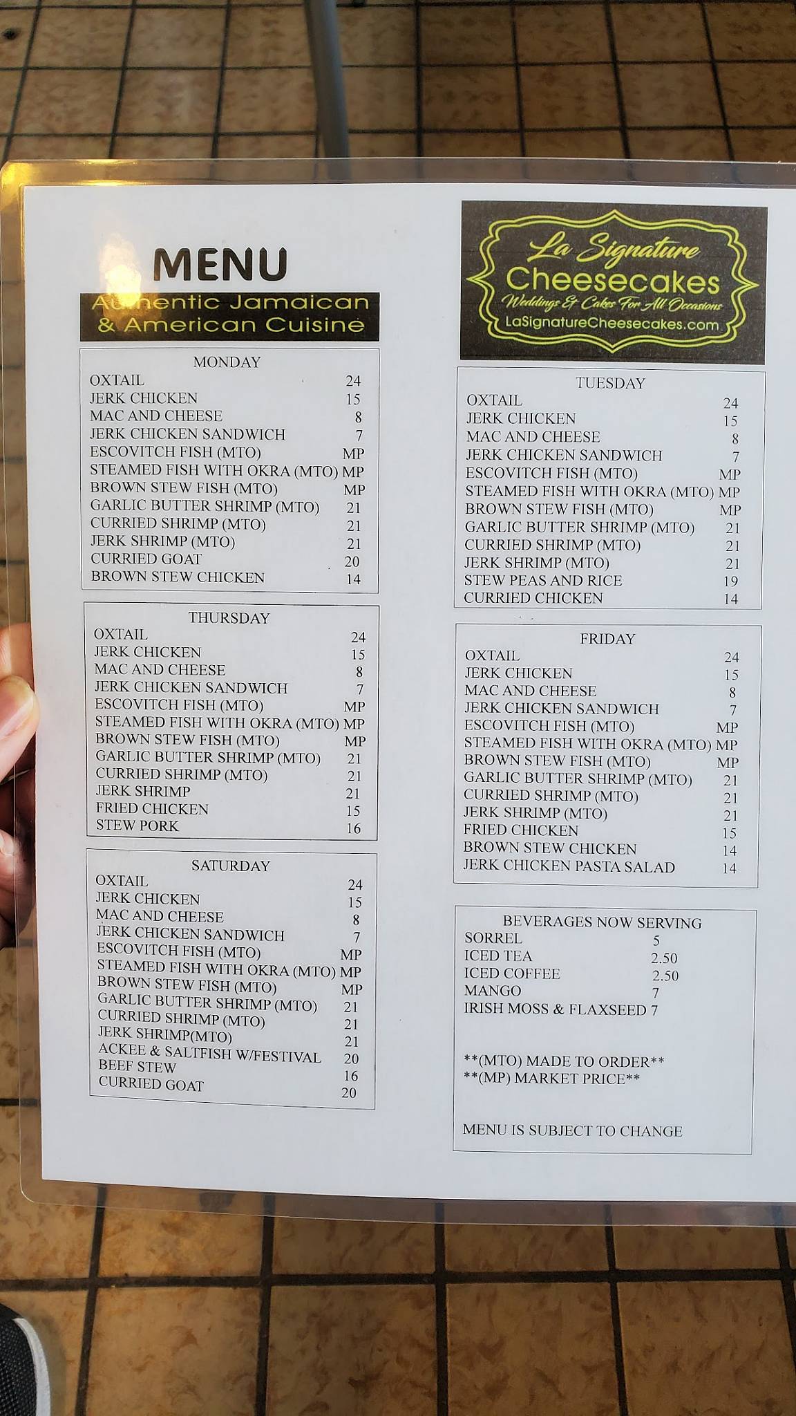 Carta del restaurante La Signature Cheesecake, Brooksville