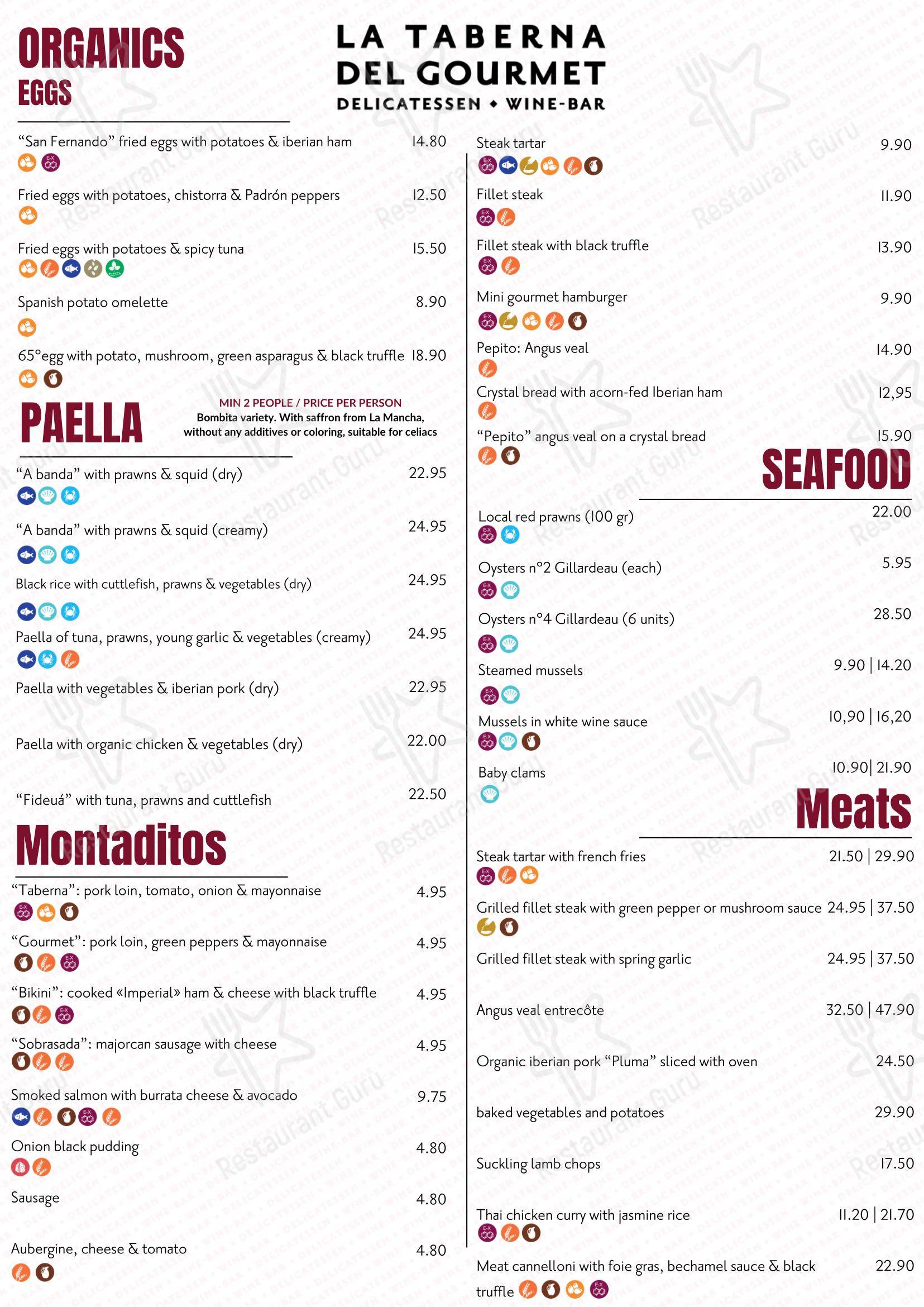 Menu at La Taberna del Gourmet restaurant, Alicante, C. San Fernando