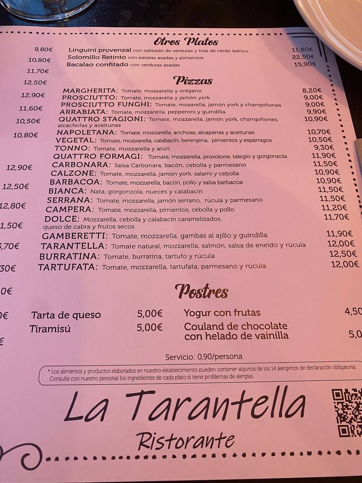 Carta del restaurante La Tarantela Vejer, Vejer del la Frontera