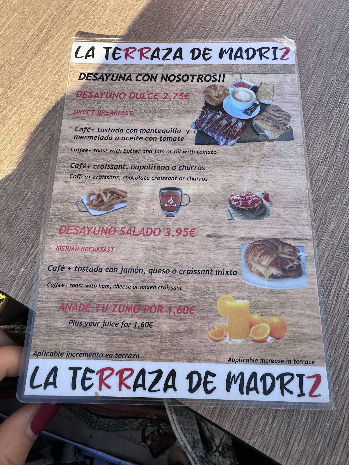 Menu at La Terraza de Madriz pub & bar, Madrid